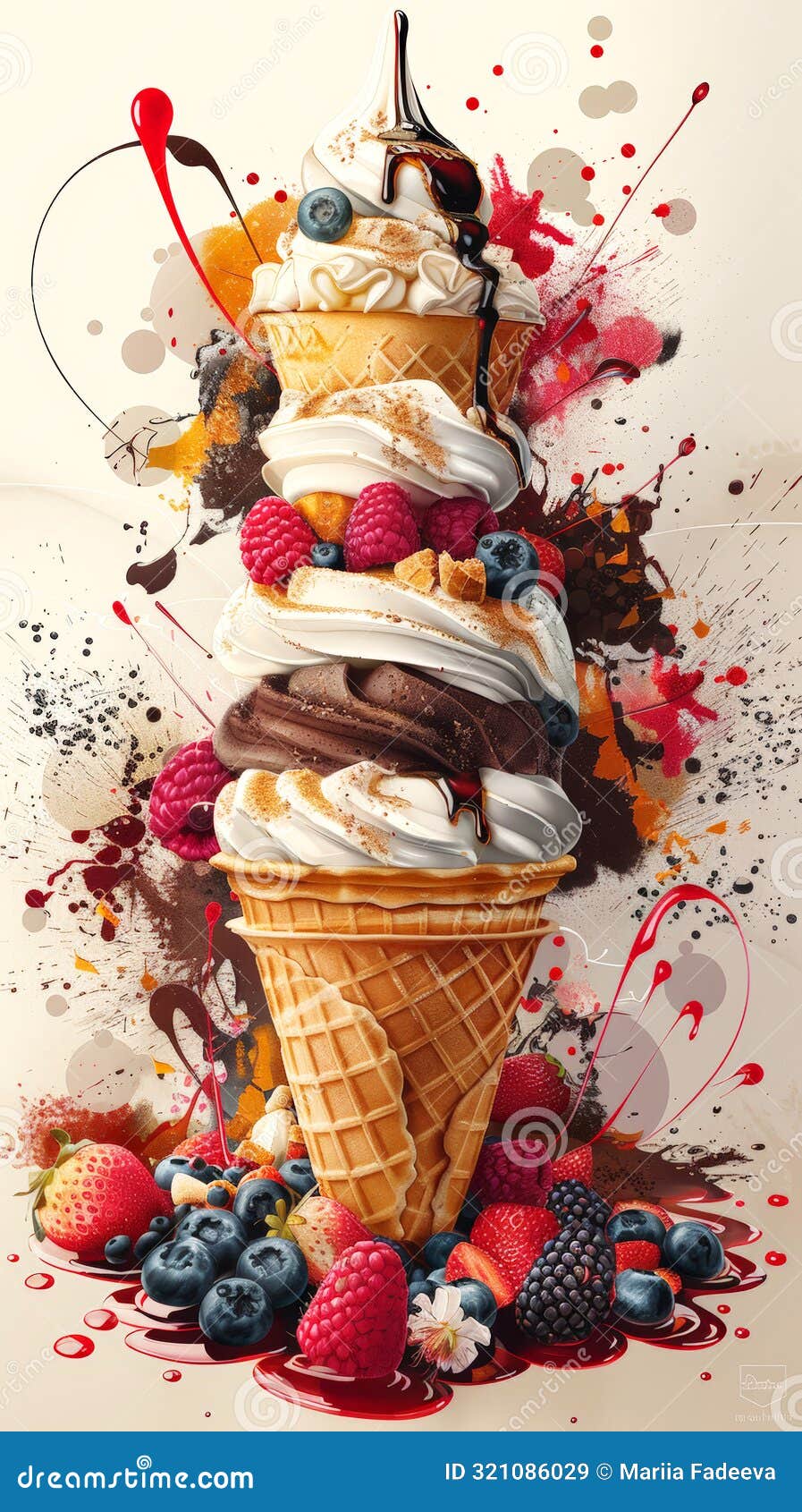 Artistic Ice Cream Cone with Berries, Chocolate, and Syrup, a Visually ...