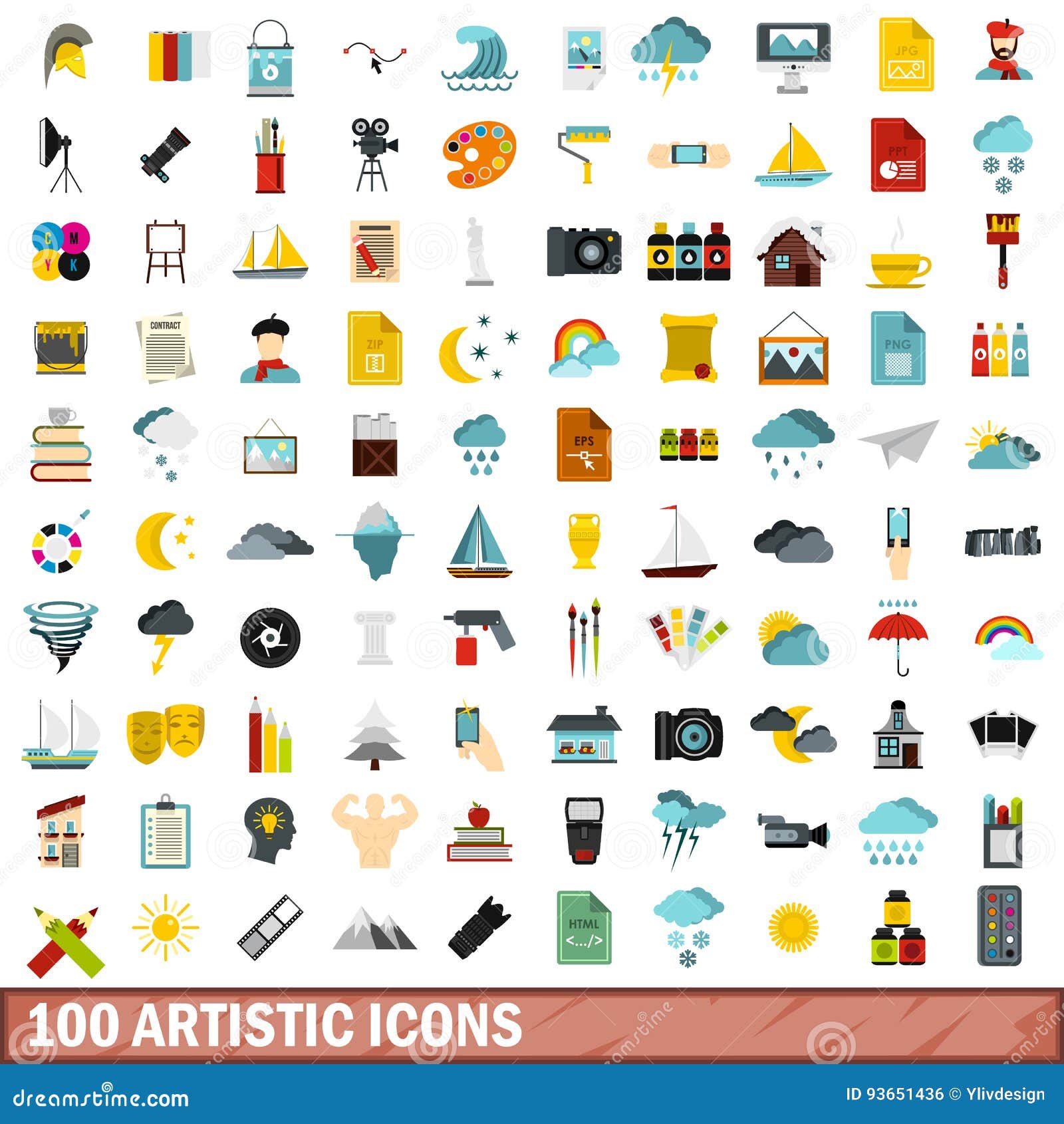 100 Artistic Icons Set, Flat Style Stock Vector - Illustration of flat ...
