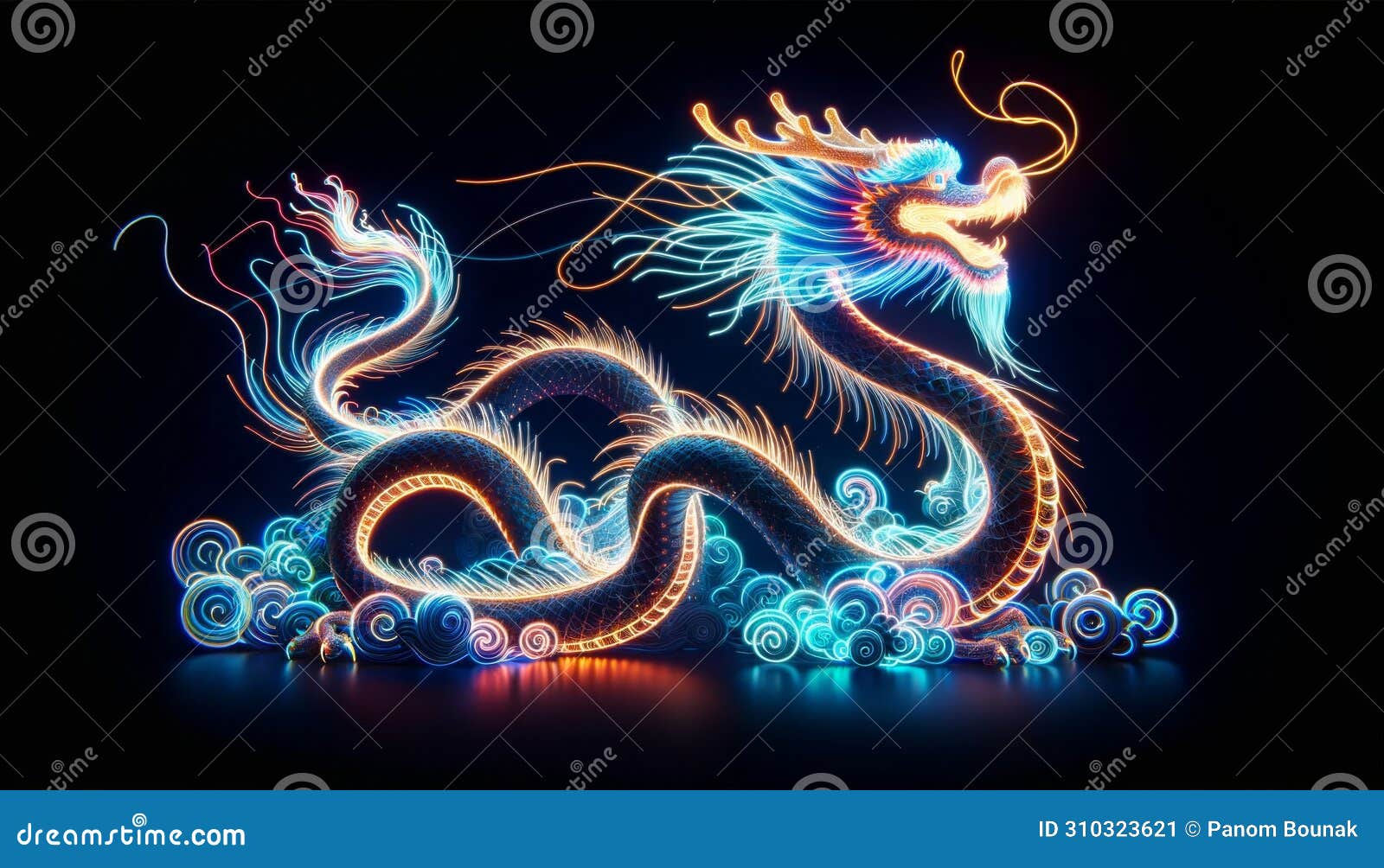 Artistic Illustration of a Dragon Created with Vibrant Neon Light ...