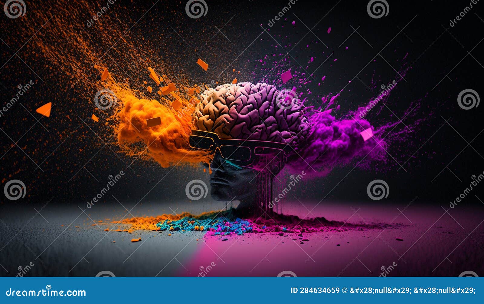 An Artistic Illustration of a Human Brain, VR Glasses Bursting with ...