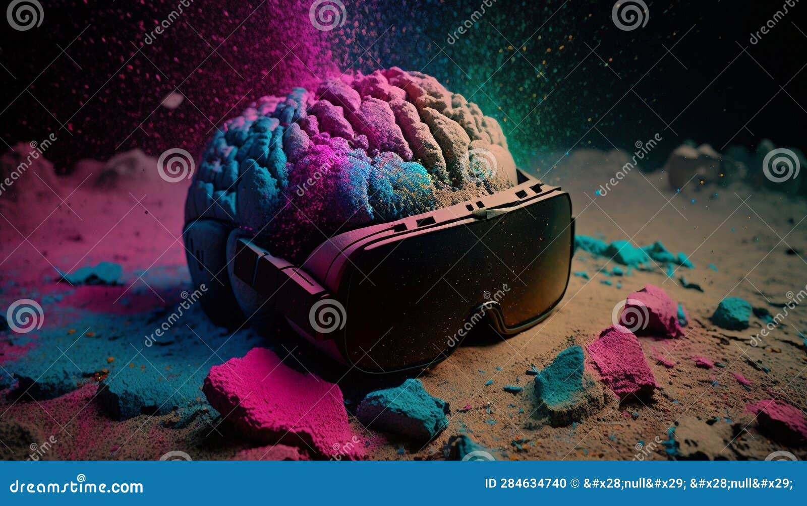 An Artistic Illustration of a Human Brain, VR Glasses Bursting with ...