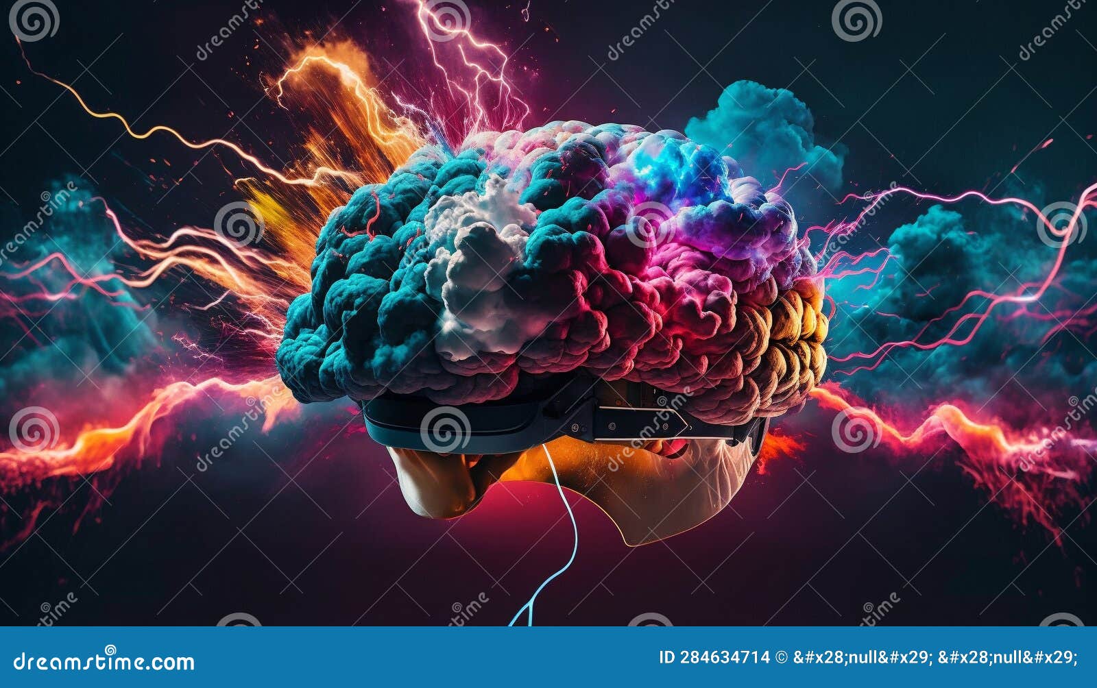 Artistic Illustration of Human Brain, VR Glasses, Lightning, Full of ...