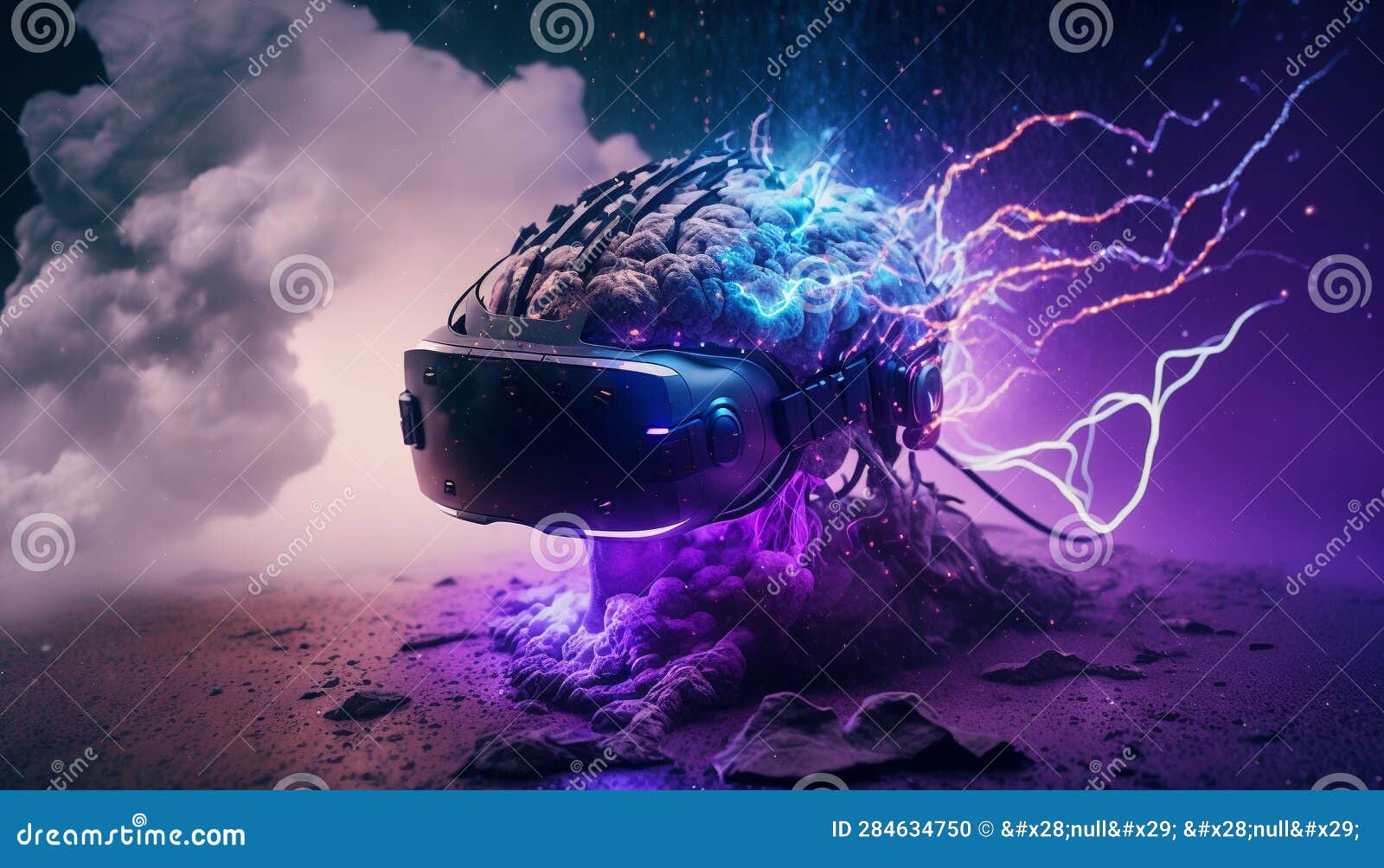 Artistic Illustration of Human Brain, VR Glasses, Lightning, Full of ...