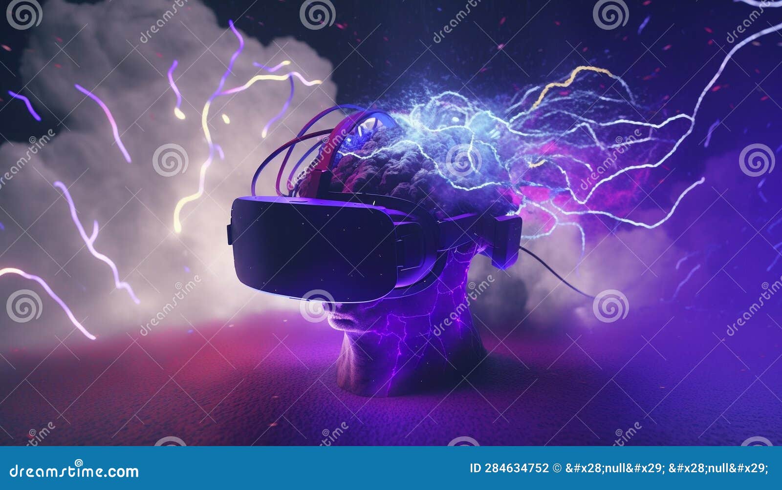 Artistic Illustration of Human Brain, VR Glasses, Lightning, Full of ...