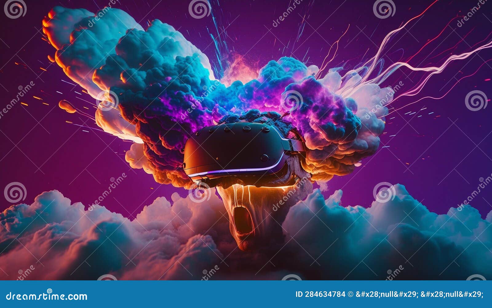 Artistic Illustration of Human Brain, VR Glasses, Lightning, Full of ...