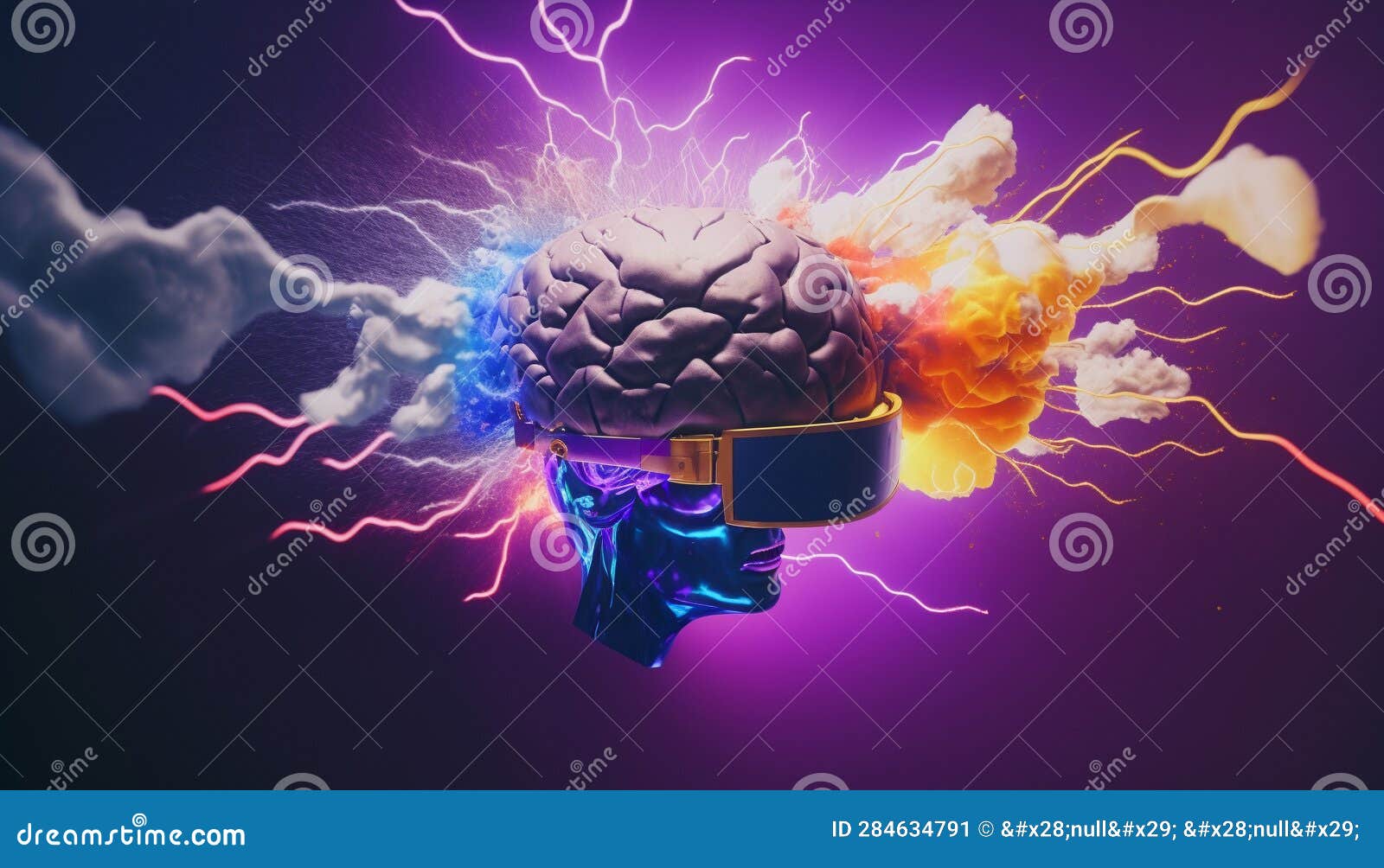 Artistic Illustration of Human Brain, VR Glasses, Lightning, Full of ...