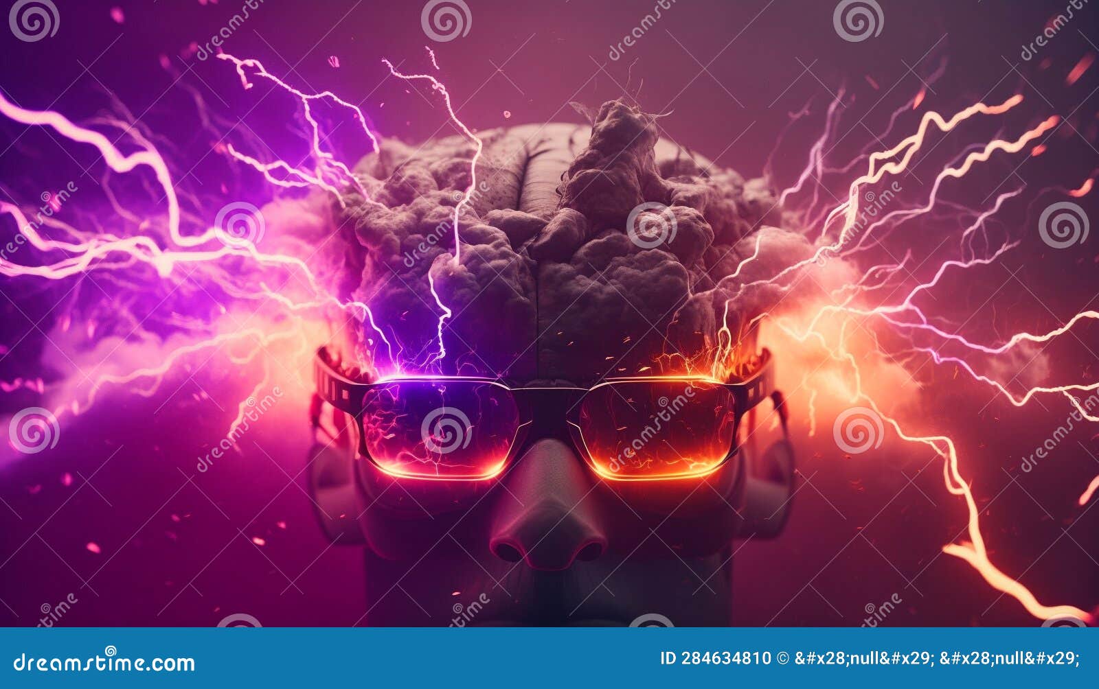 Artistic Illustration of Human Brain, VR Glasses, Lightning, Full of ...