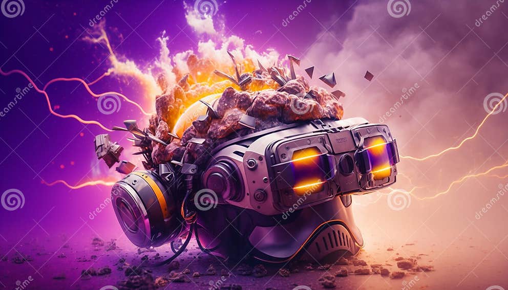Artistic Illustration of Human Brain, VR Glasses, Lightning, Full of ...