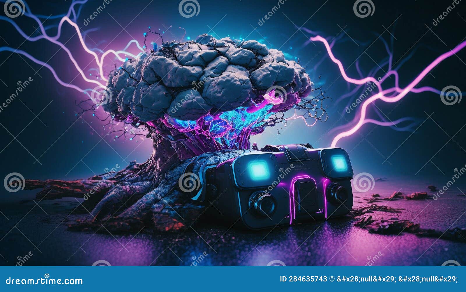 Artistic Illustration of Human Brain, VR Glasses, Lightning, Full of ...