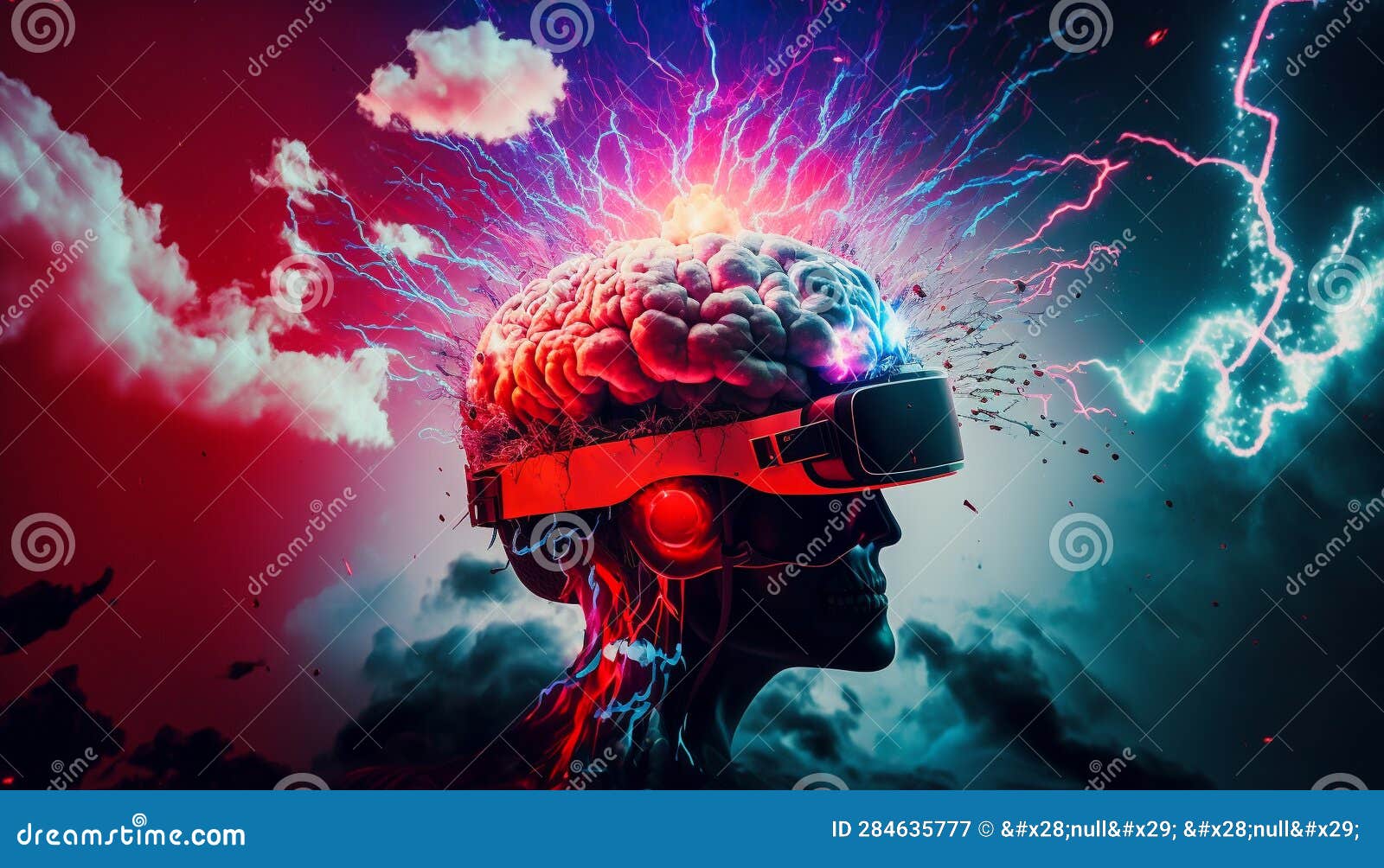 Artistic Illustration of Human Brain, VR Glasses, Lightning, Full of ...