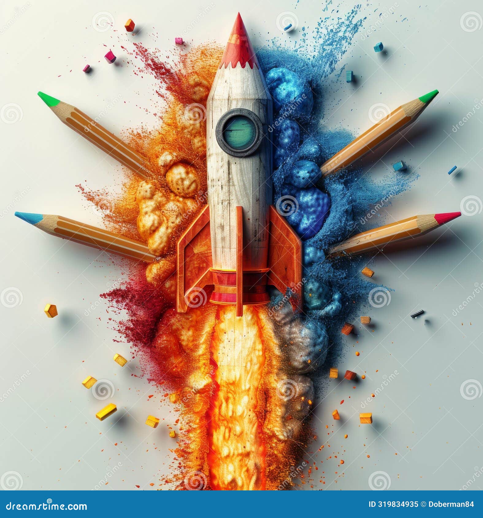 Artistic Illustration of a Pencil Rocket Launching with Dynamic Color ...