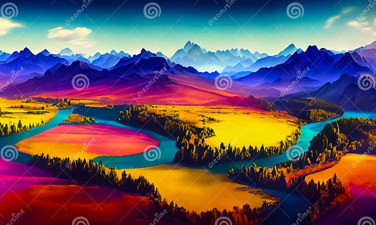 A High Colour Image of a Landscape with Mountains and Hills Plus Trees ...