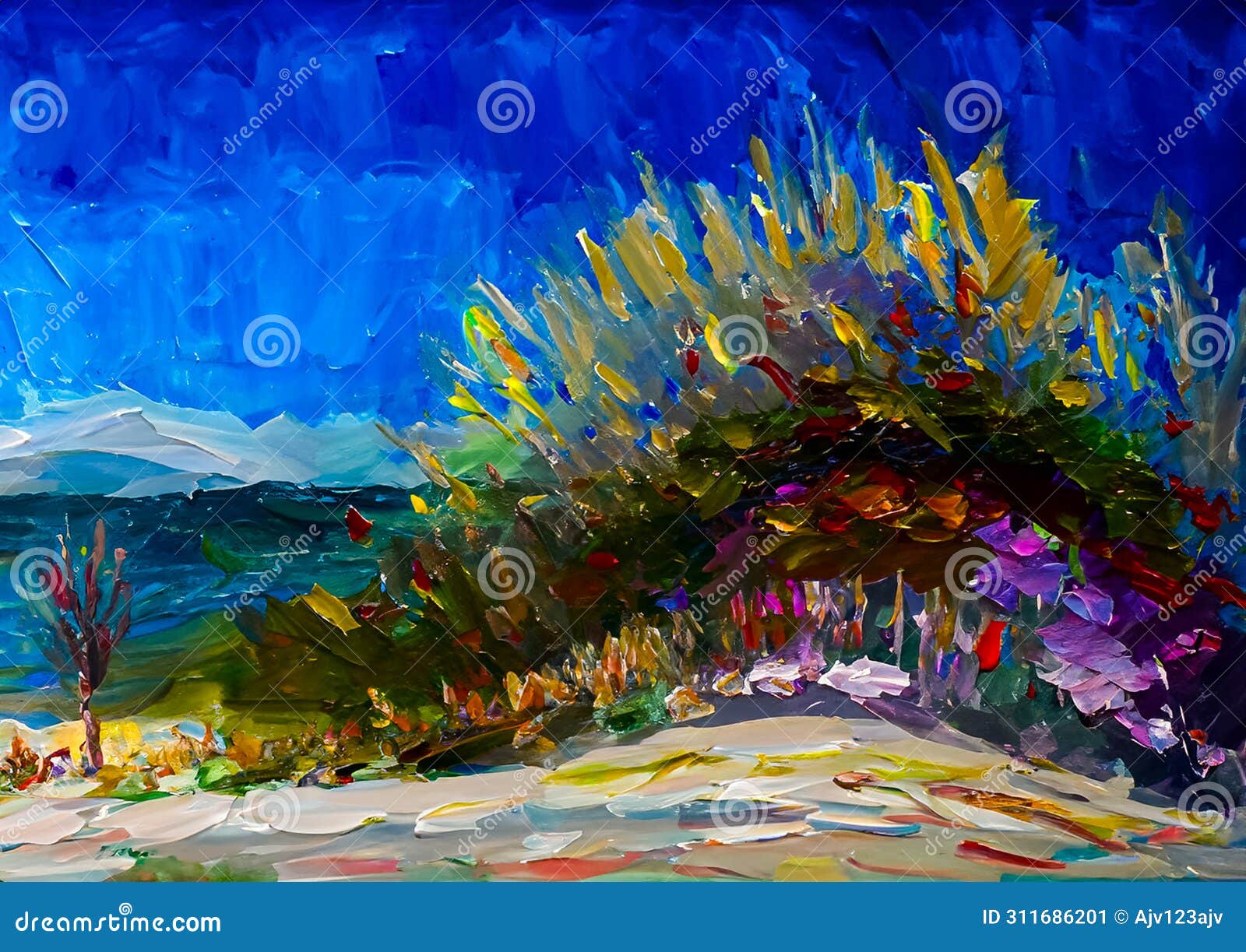 An Impressionist Painting Style Image of a Sandy Dune Beach with Bull ...