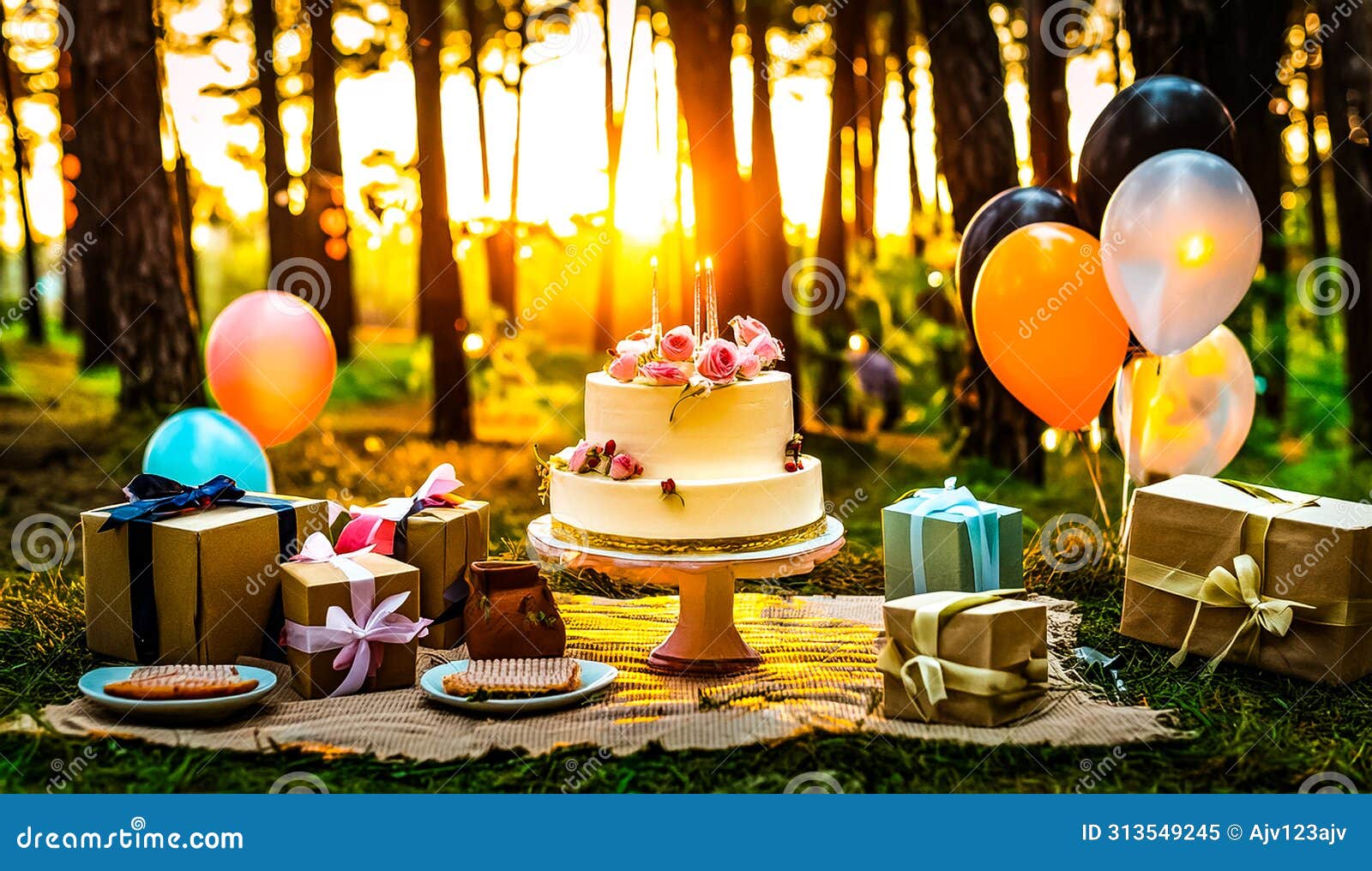 An Artistic Generated Image of a Birthday Cake Set Up in a Forest ...