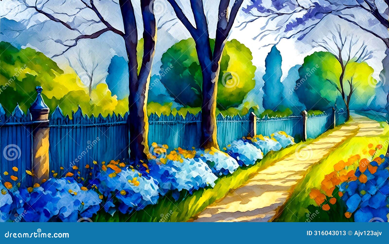 An Impressionist Painting Style Image of Trees and Path in a Peaceful ...