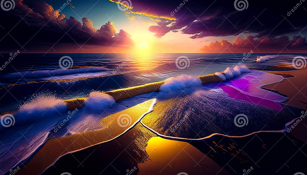 A Image of a Landscape with Dramatic Sea Waves, Beach and Sunset Sky ...
