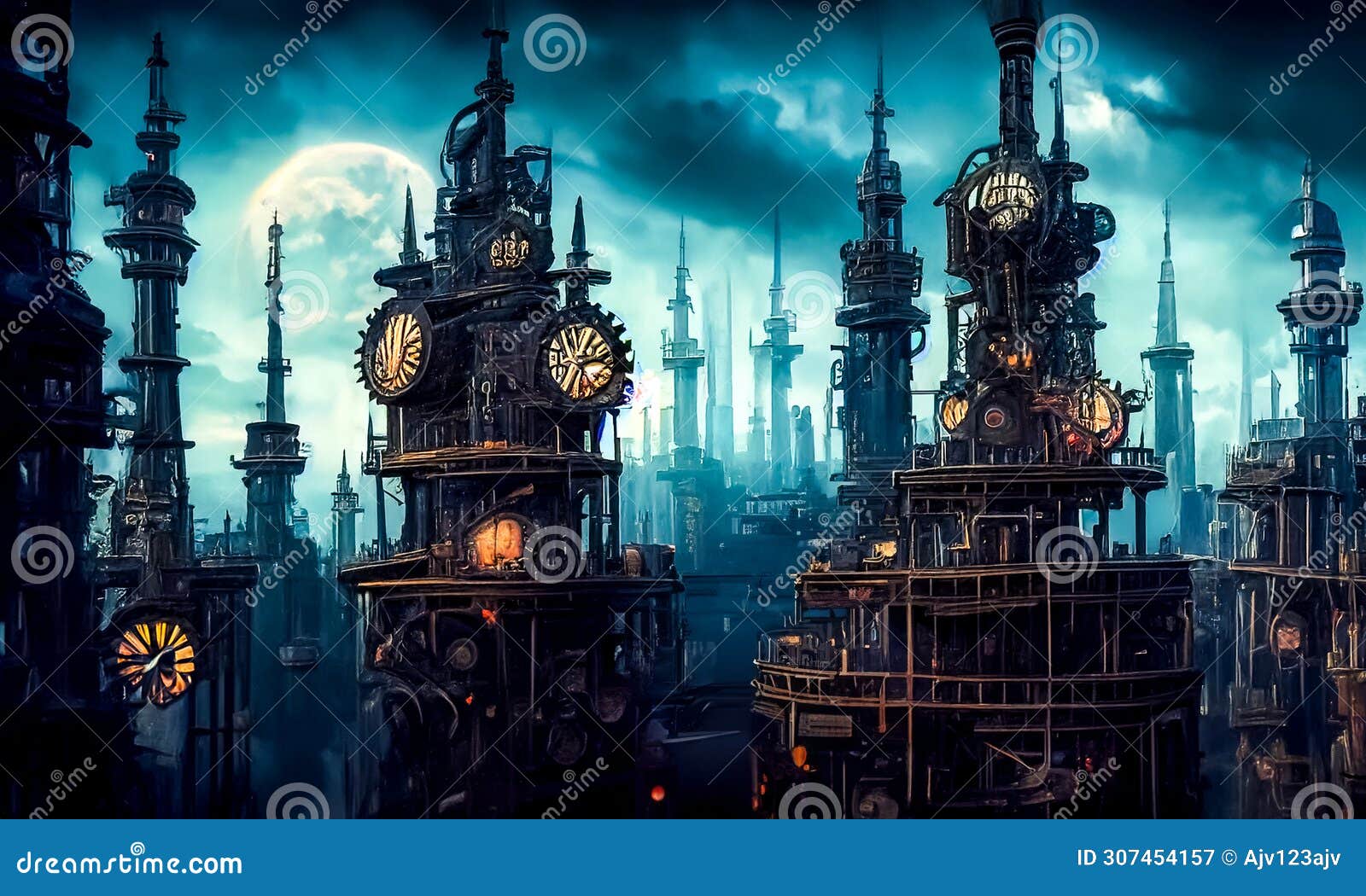 Fantasy Industrial City Scene with Clock Towers, Gears and Mechanisms ...