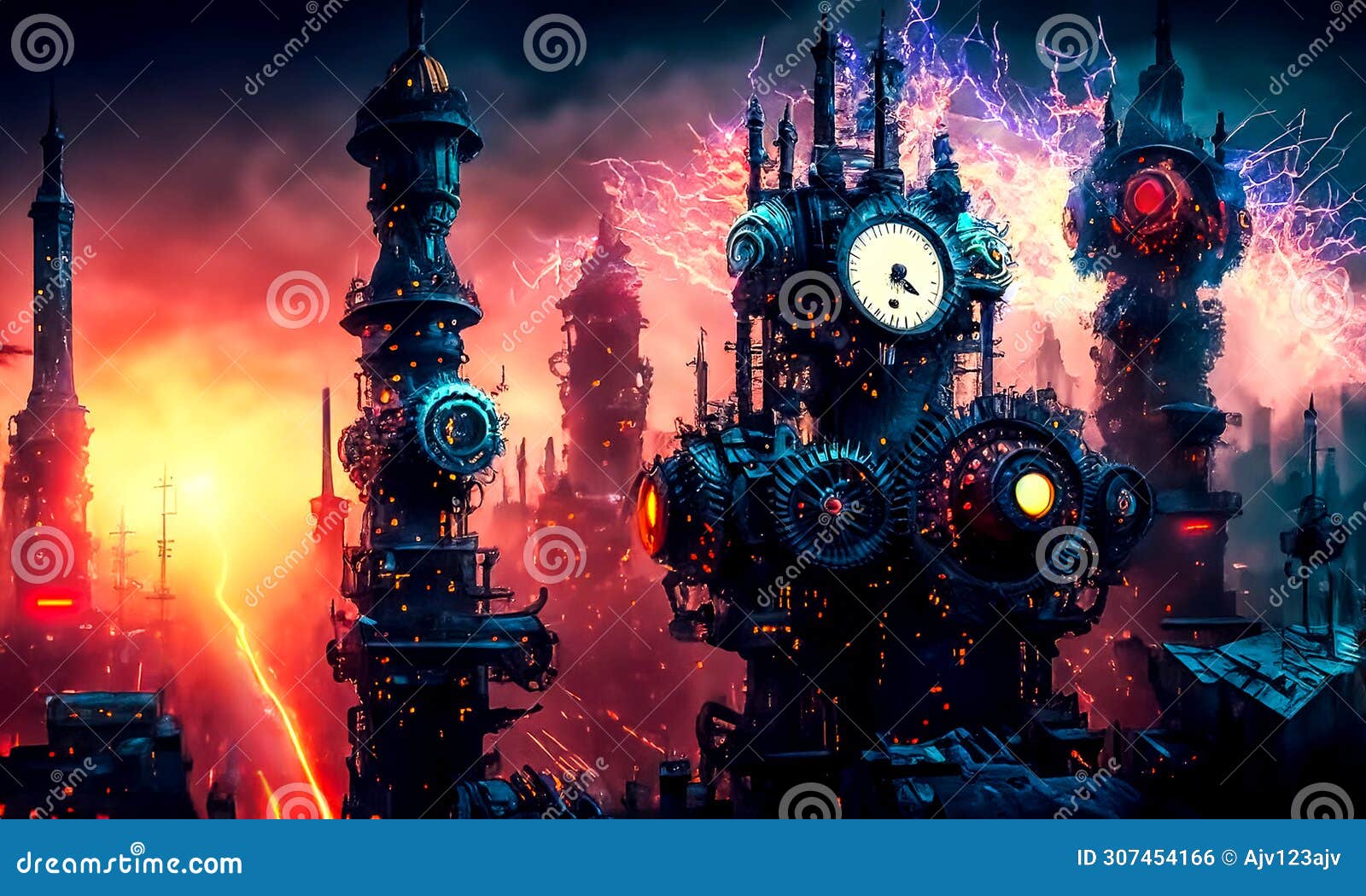 Fantasy Industrial City Scene with Clock Towers, Gears and Mechanisms ...