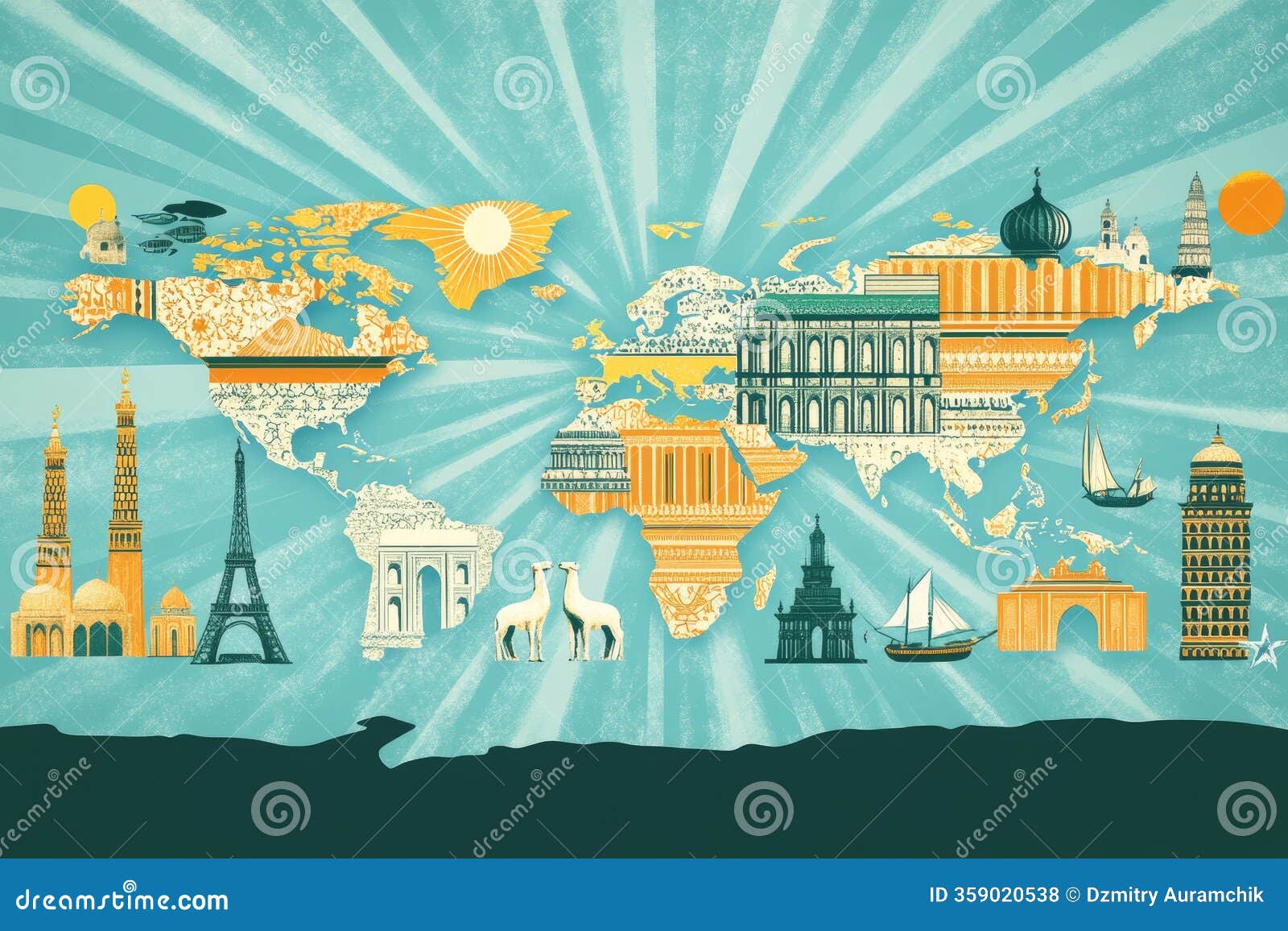 Artistic Map Showcasing Central Asian Landmarks and Ships Stock Photo ...