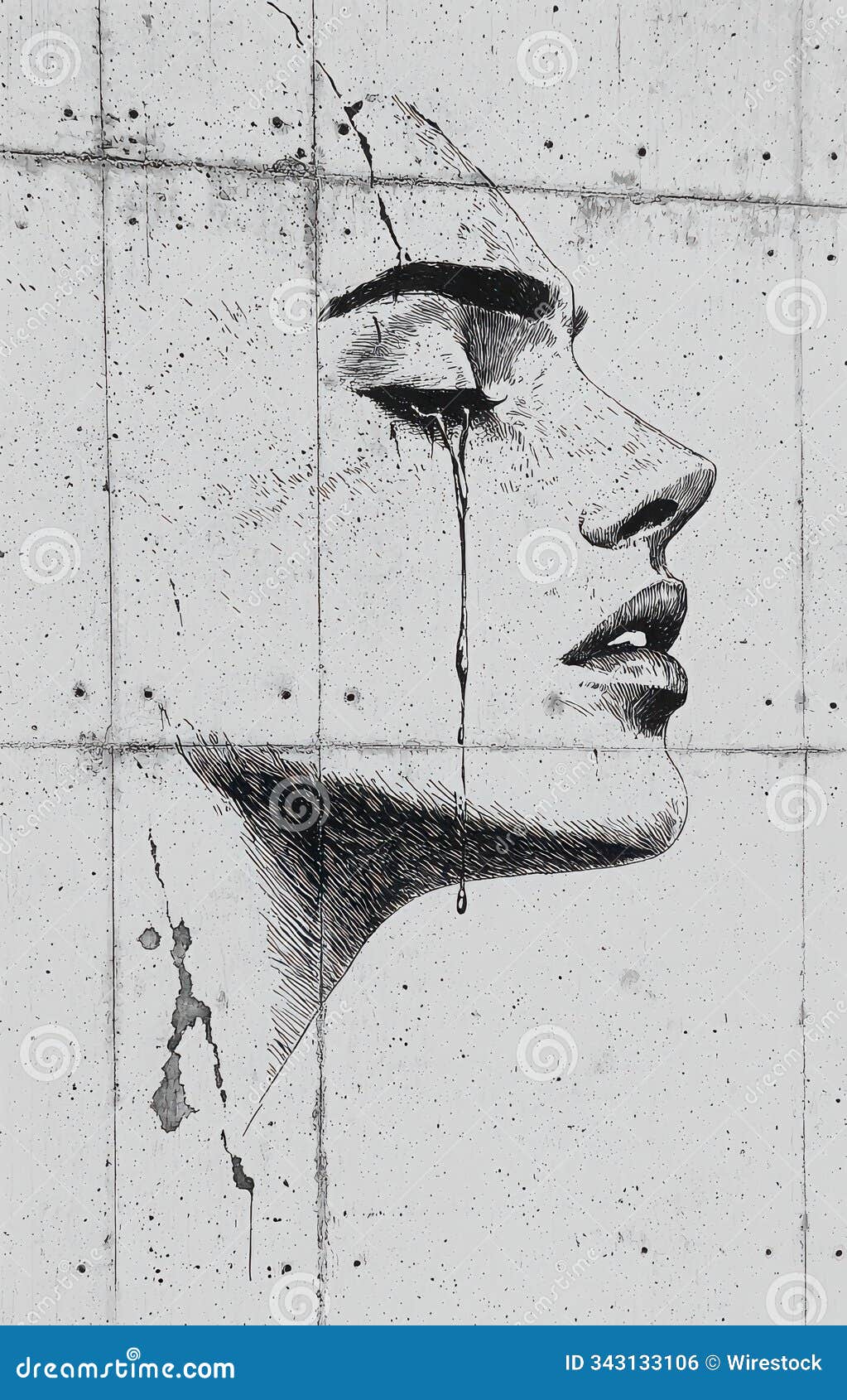 Artistic Mural of a Crying Woman on a Concrete Wall Stock Illustration ...