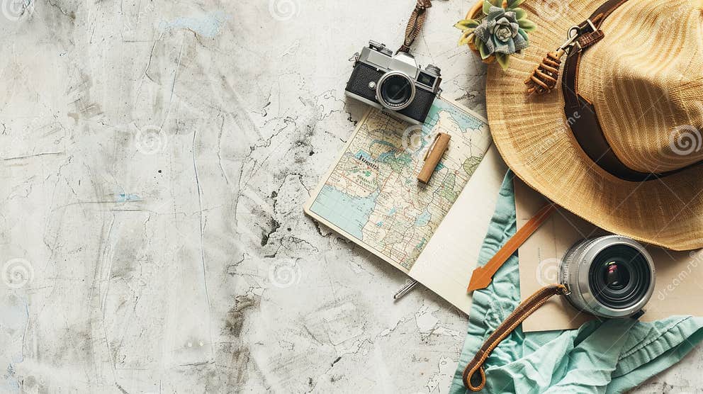 Artistic Objects Like a Backpack, Hat, Camera, Book, and Map Arranged ...