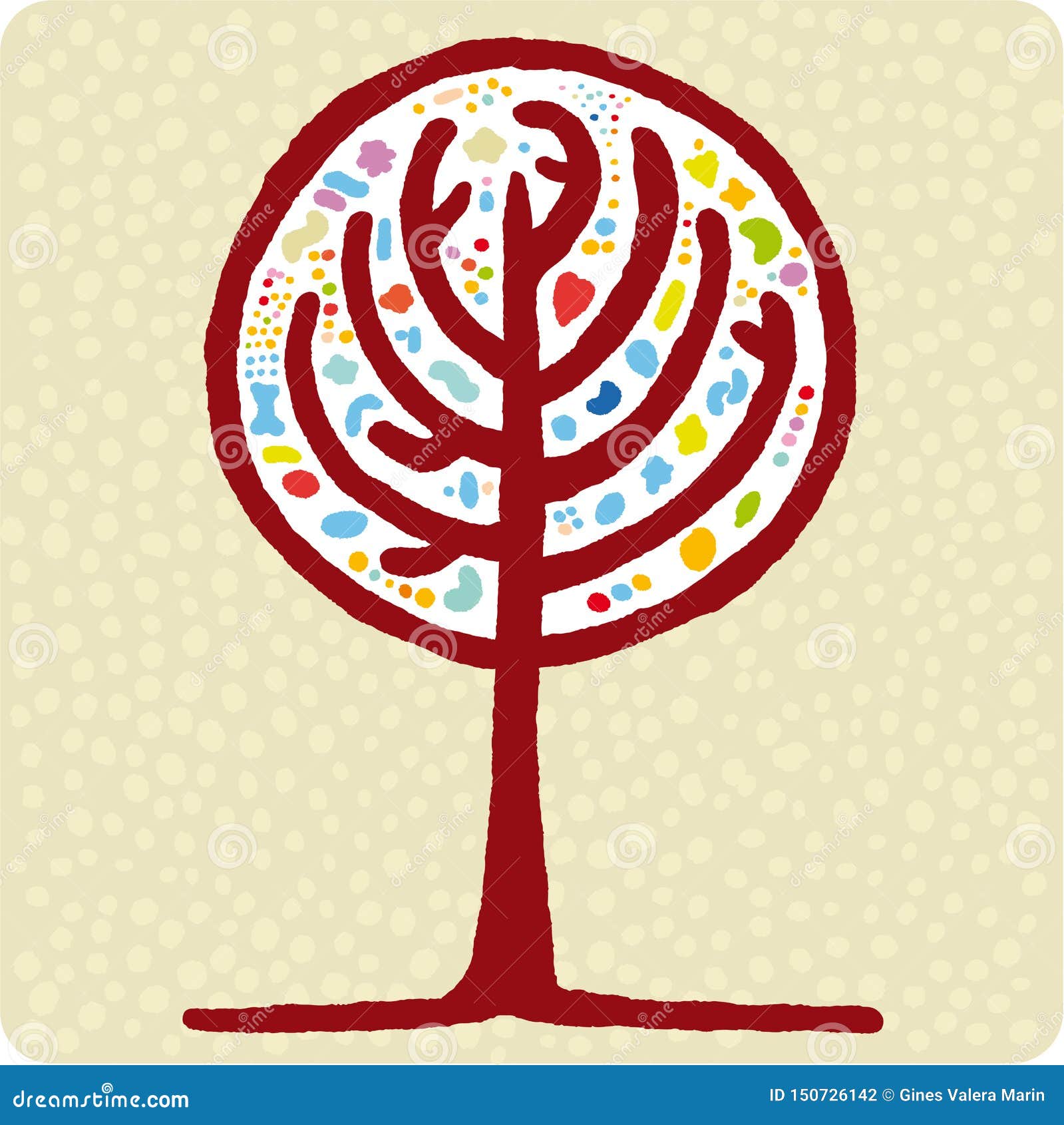 Artistic Painted Tree With Diversity Fruits Over Beige Texture. Vector ...