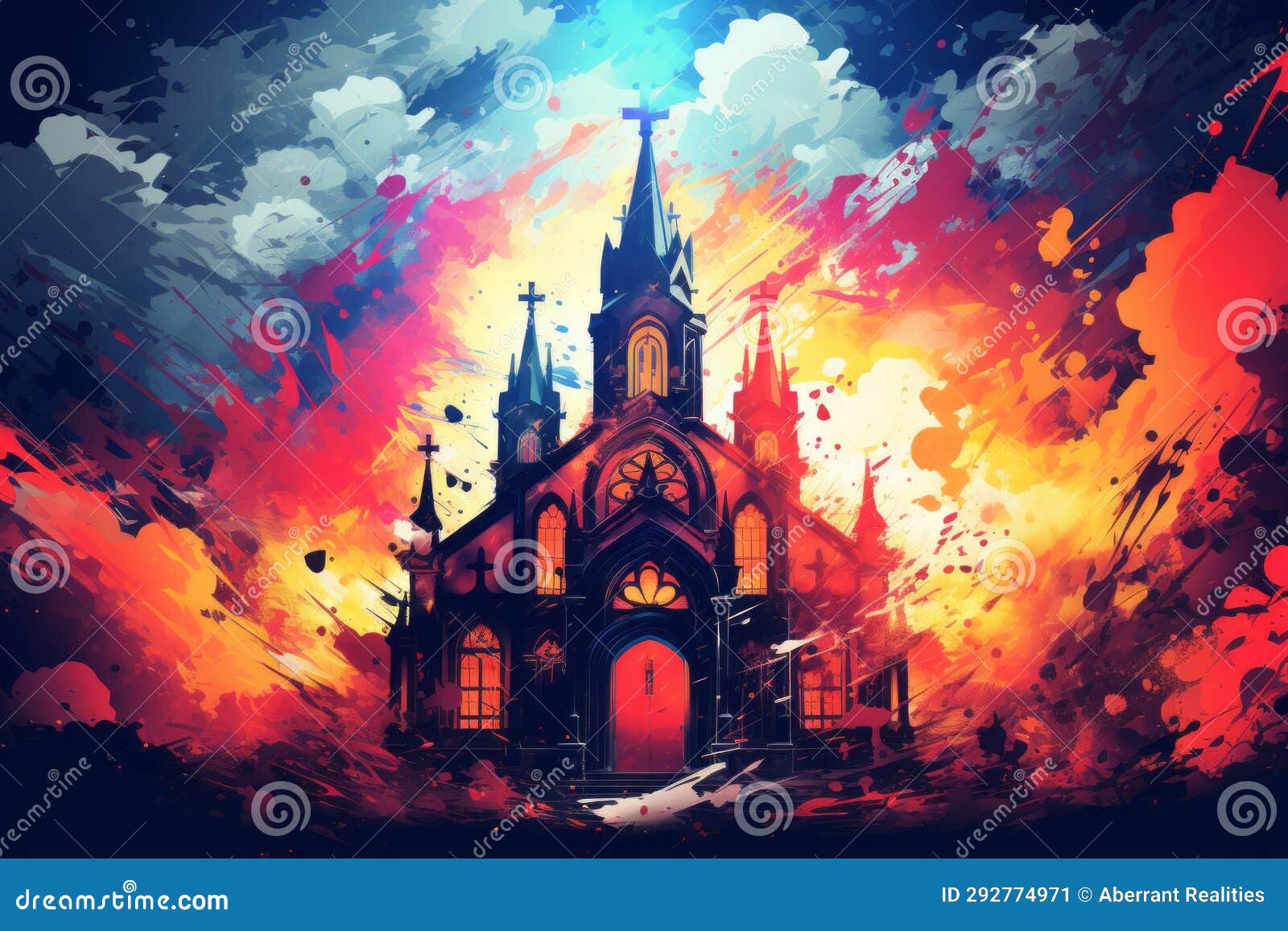 An Artistic Painting of a Church on Fire Stock Illustration ...