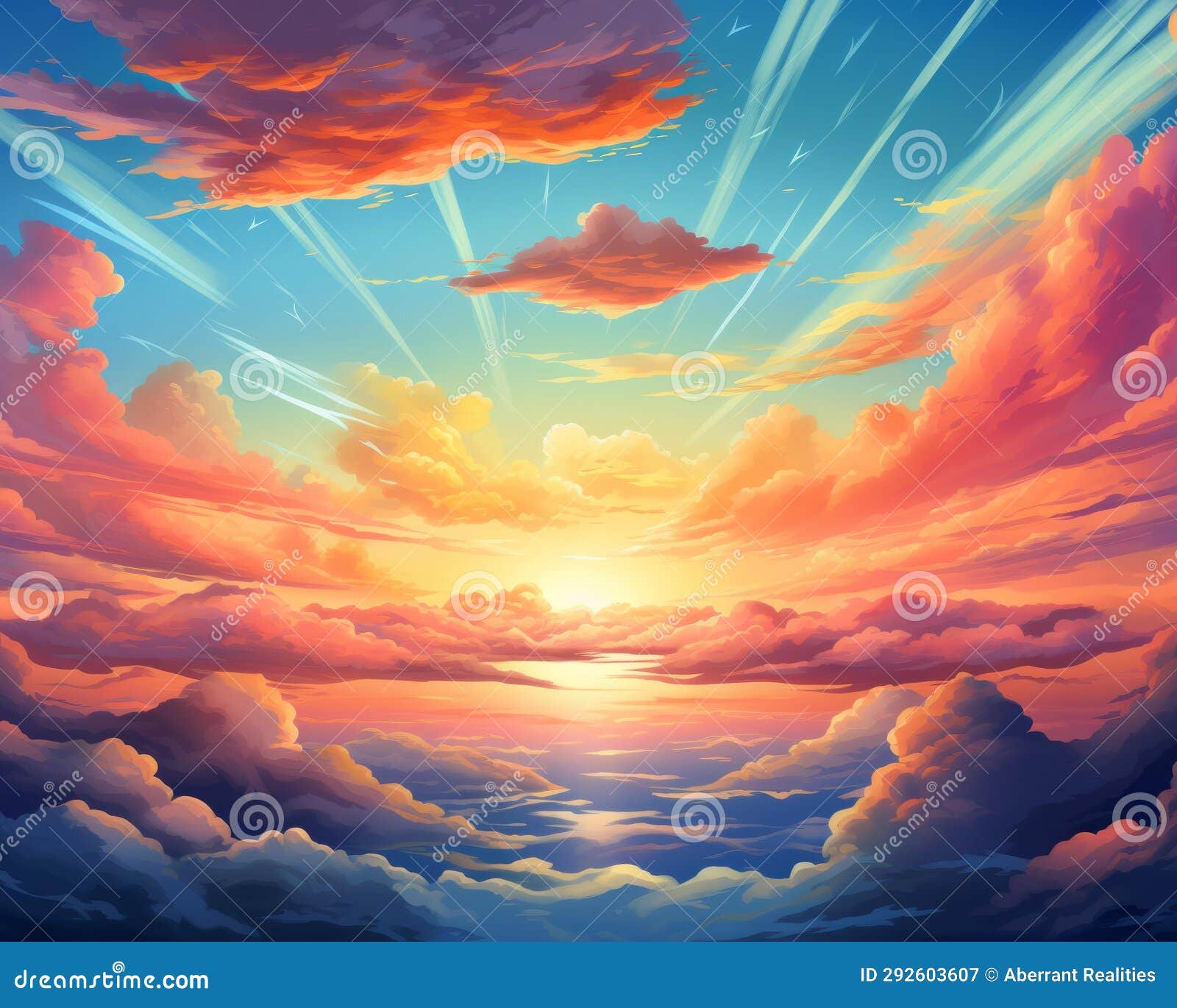 An Artistic Painting of the Sun Rising Over the Clouds Stock ...