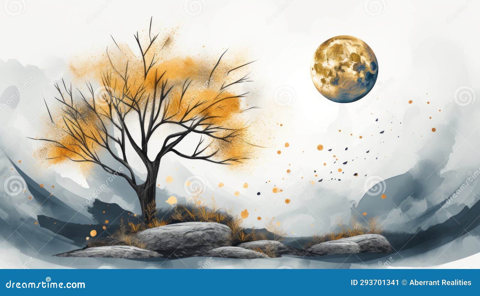 An Artistic Painting of a Tree and a Full Moon Stock Illustration ...