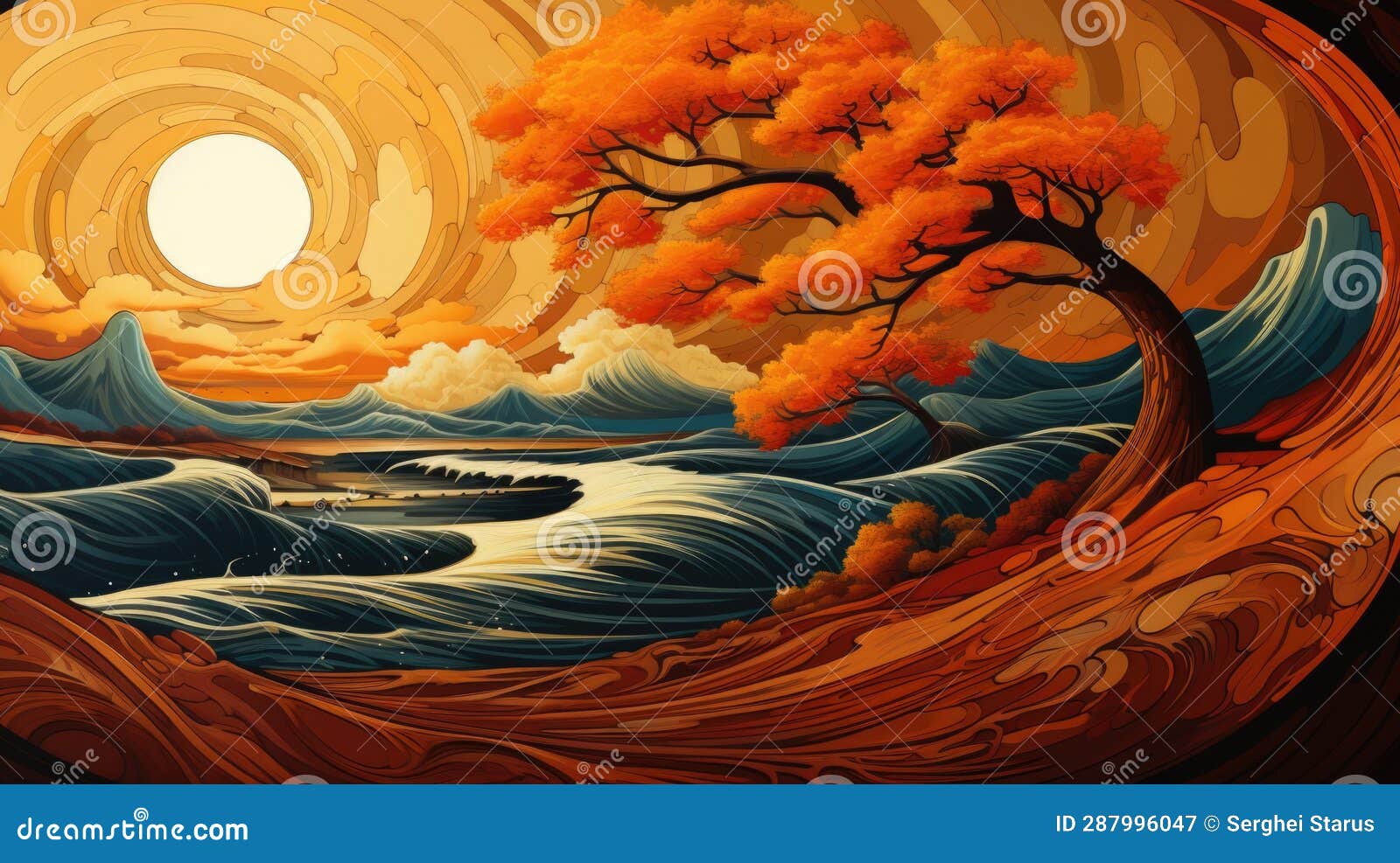 An Artistic Painting of a Tree and Waves, AI Stock Image - Image of ...