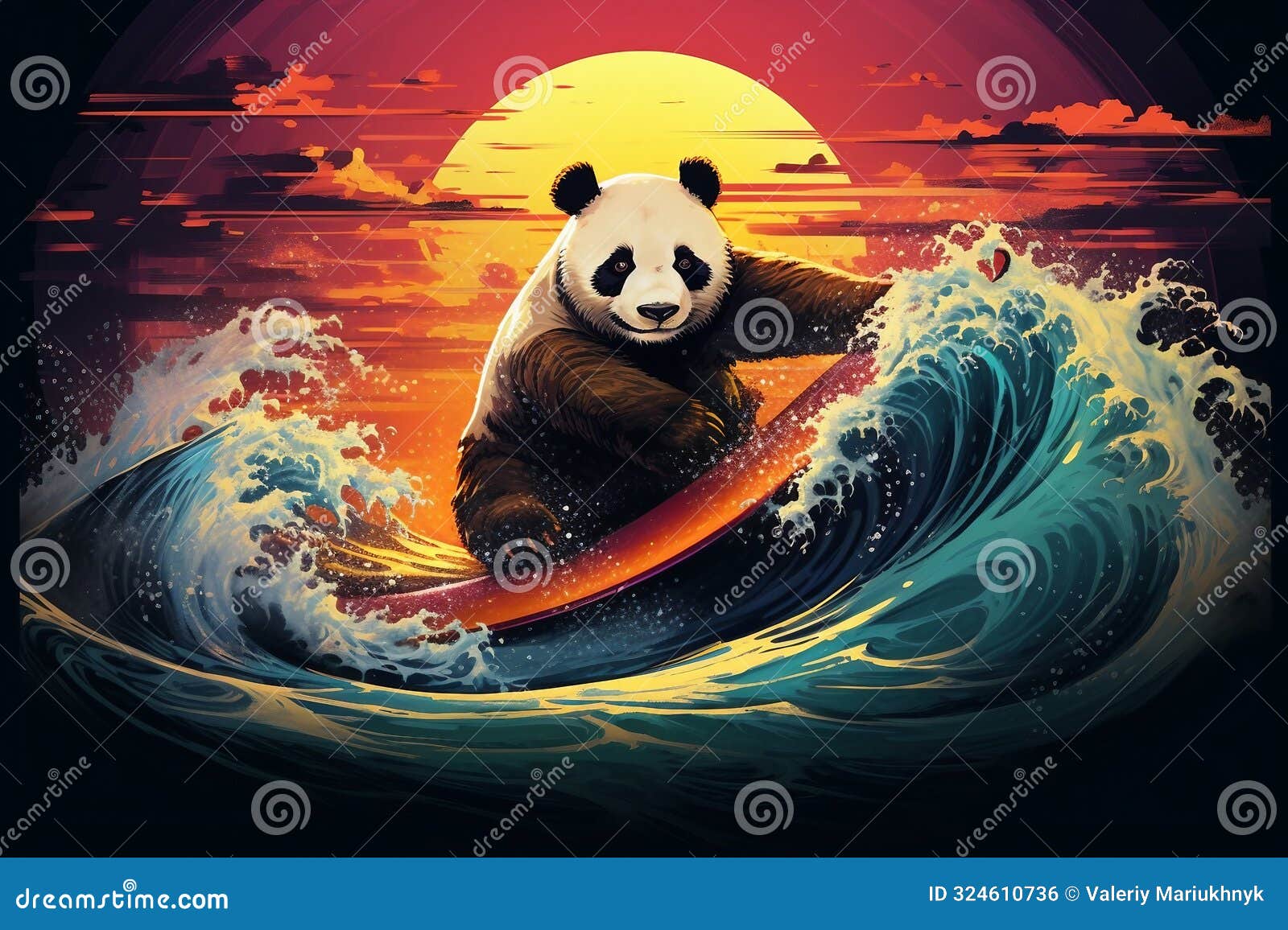 Artistic Panda Surfing on High Waves during Sunset, Full of Energy ...