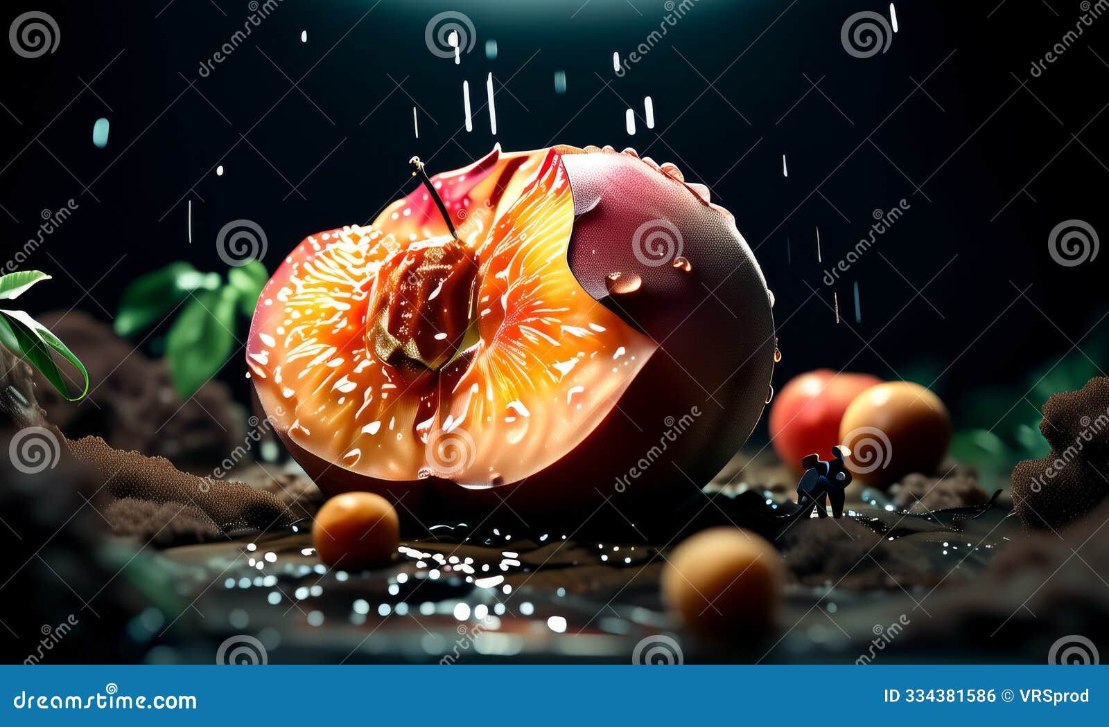 Artistic Peach Cut in Half with Water Droplets in Dramatic Lighting ...