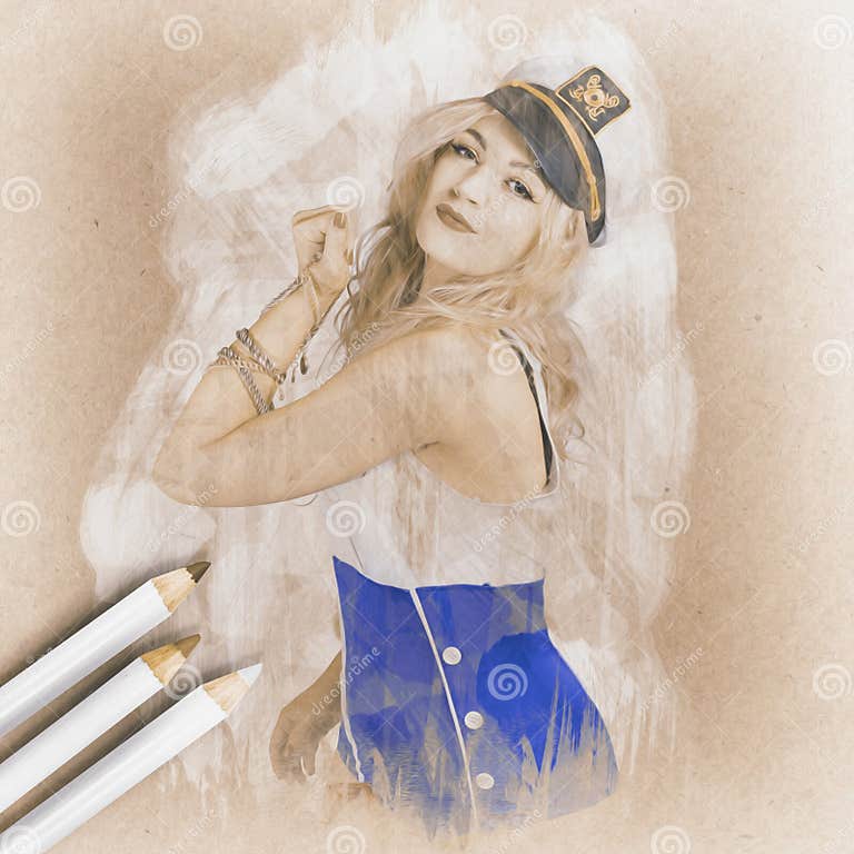 Artistic Pencil Drawing Of A Sailor Pinup Woman Stock Illustration