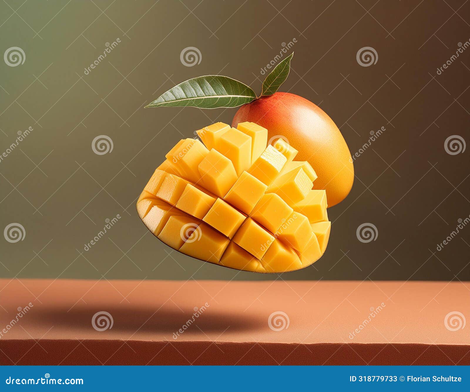 Artistic Poster Featuring a Levitating Mango, Cut into Pieces with ...