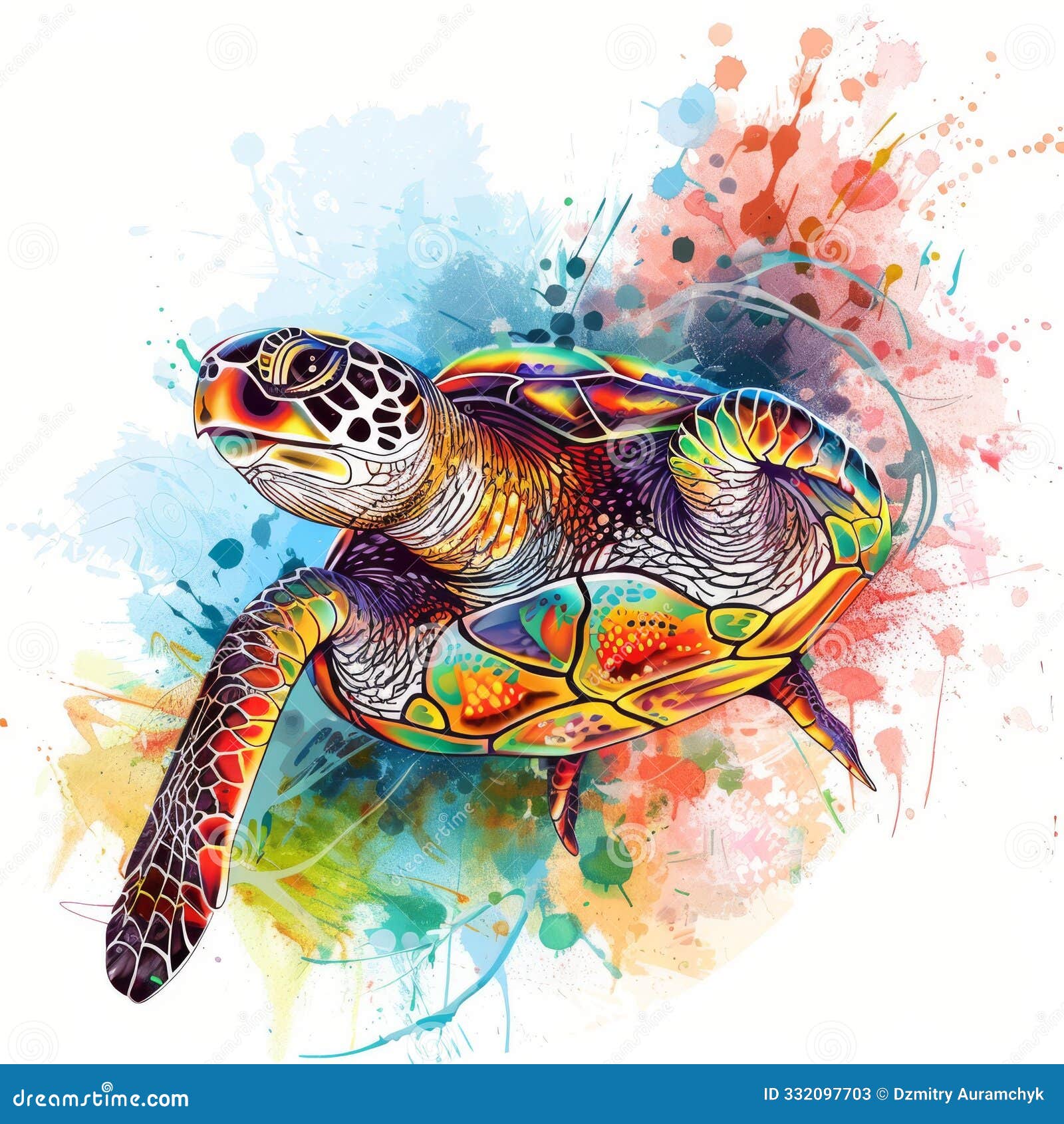 An Artistic, Realistic, Colored Drawing of a Sea Turtle on a White ...