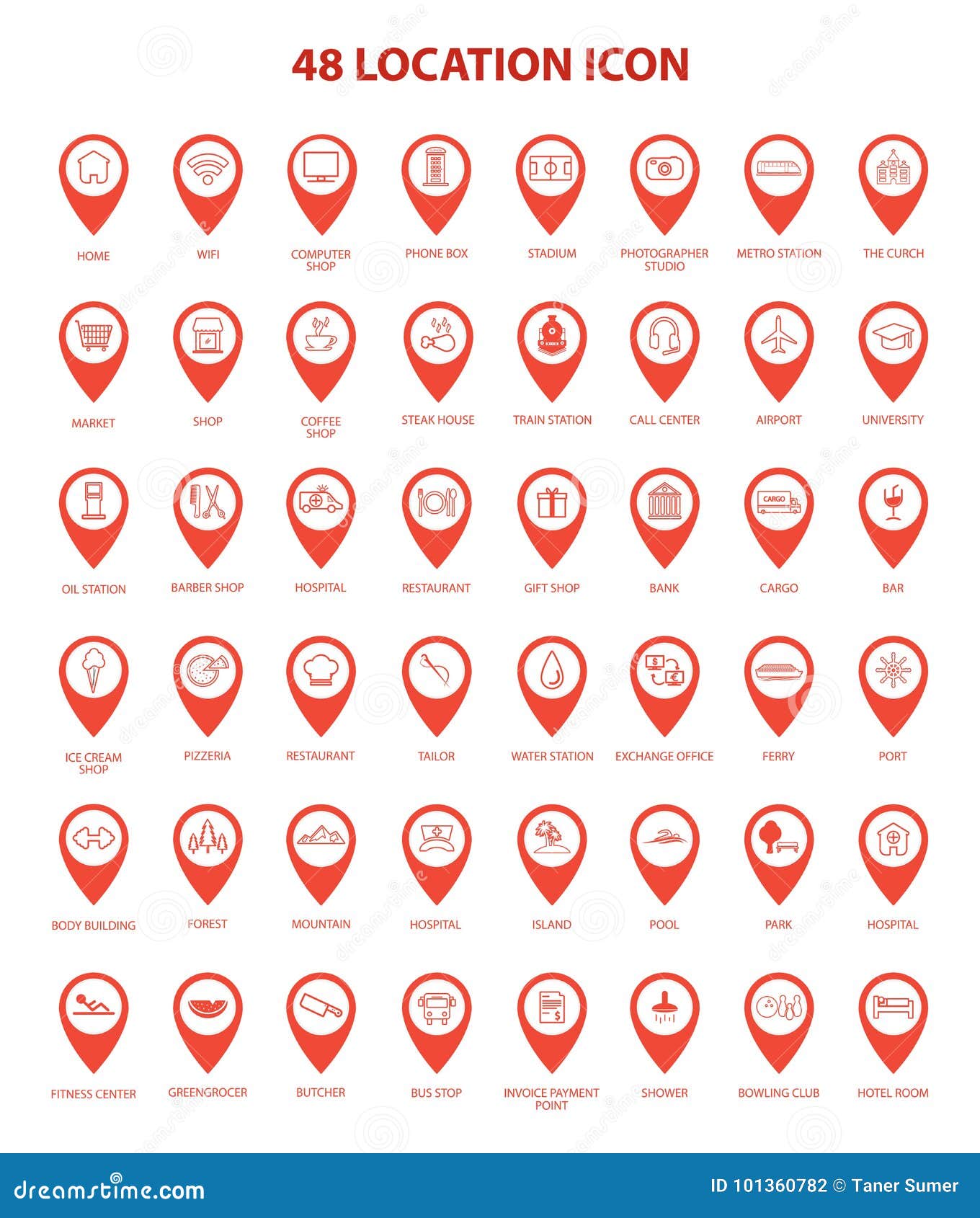 Artistic Red Location Icon Set Stock Vector - Illustration of church ...