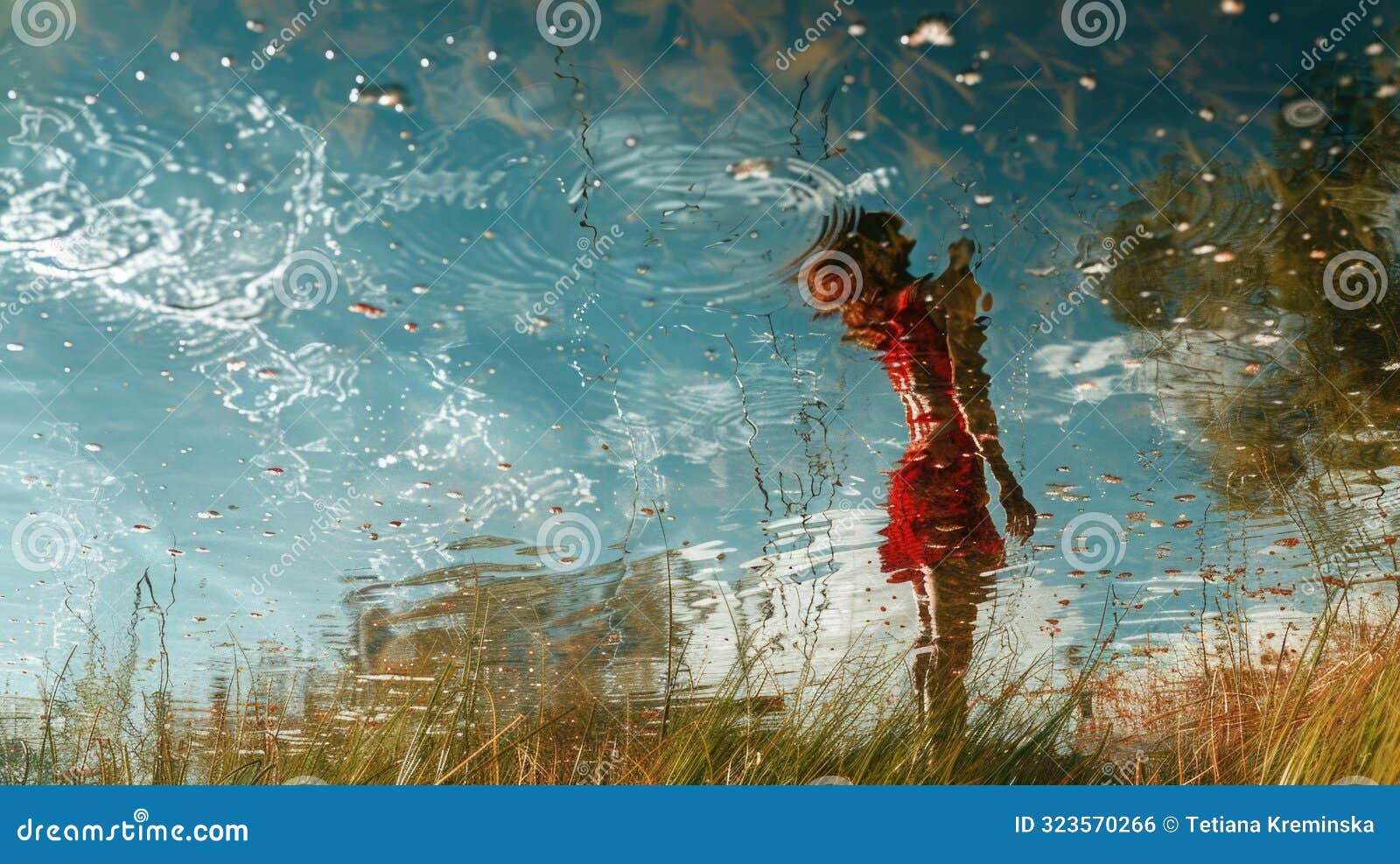 Artistic Reflection of Person in Red Swimsuit by Water, Upside Down and ...