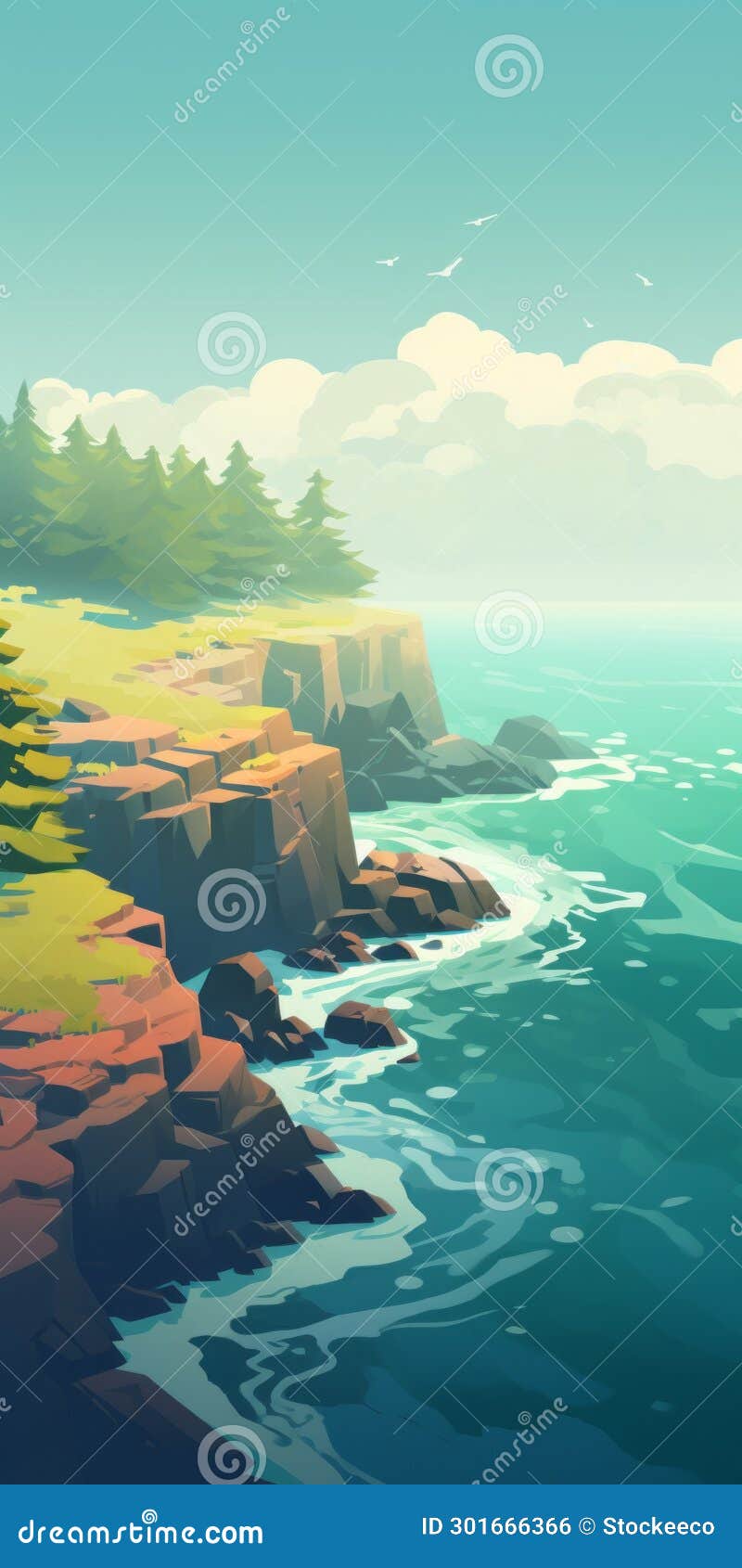 Artistic Render of Ocean and Coast Flat Shading Illustration Inspired ...