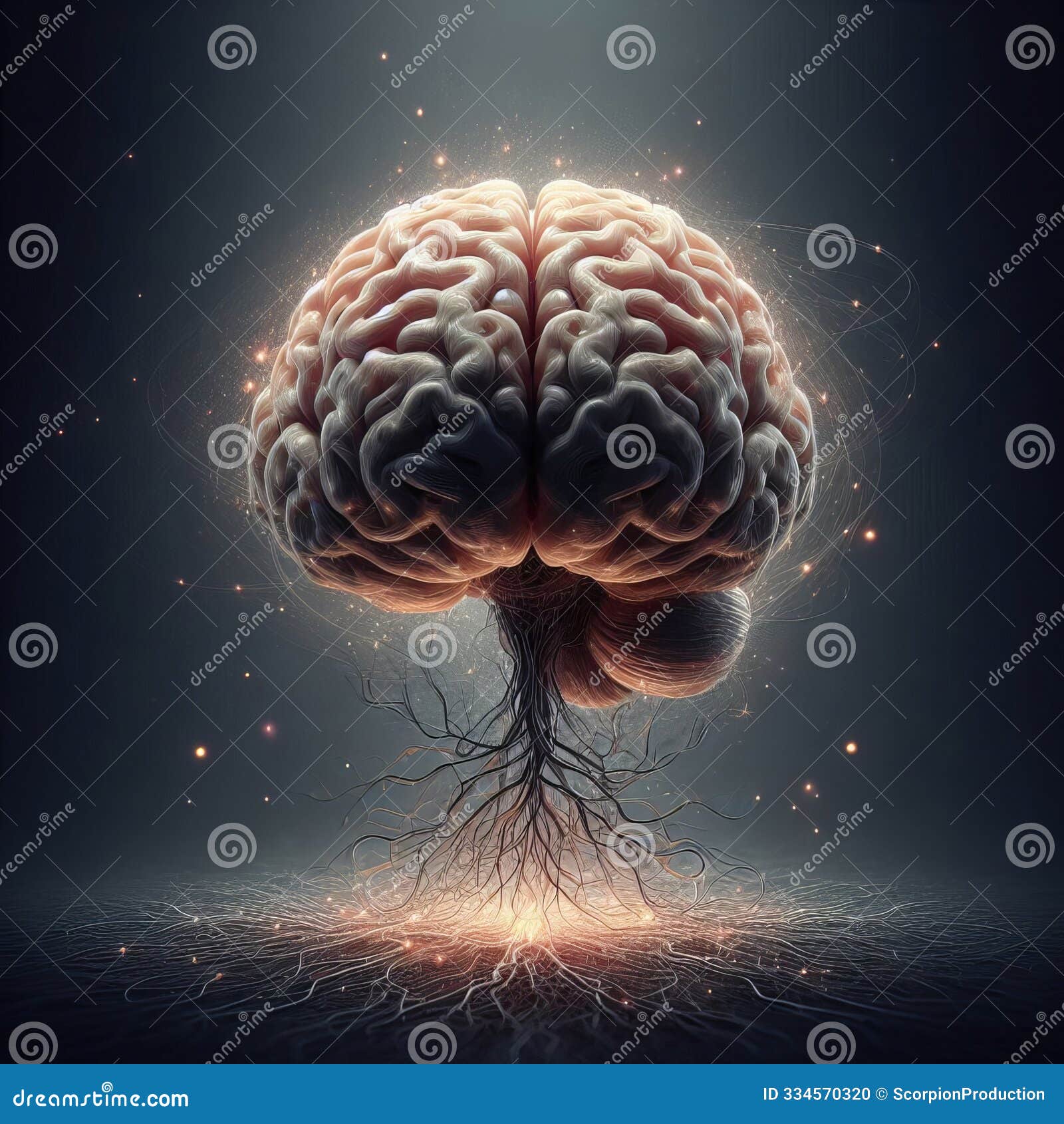 Artistic Rendering of a Brain with Roots and Glowing Lights Stock Photo ...