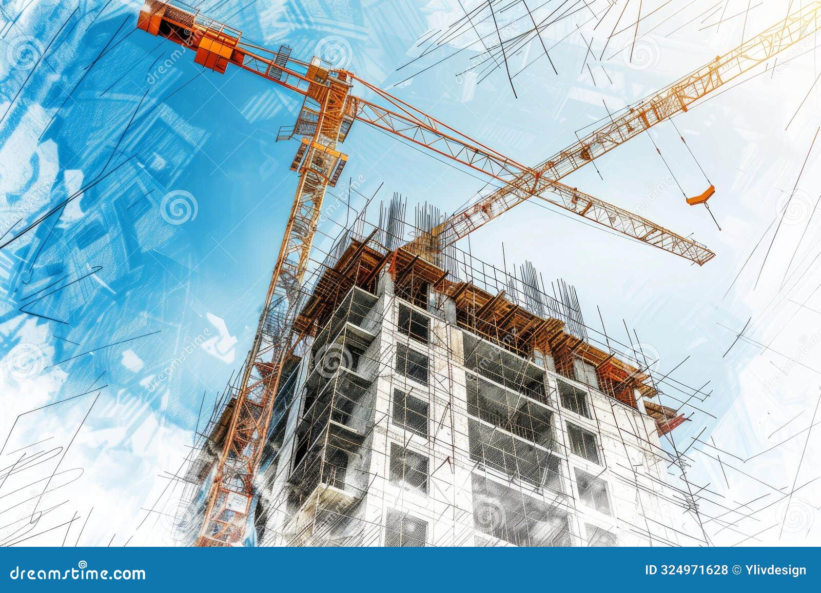 Dynamic Construction Site with Cranes and Scaffolding Stock Photo ...