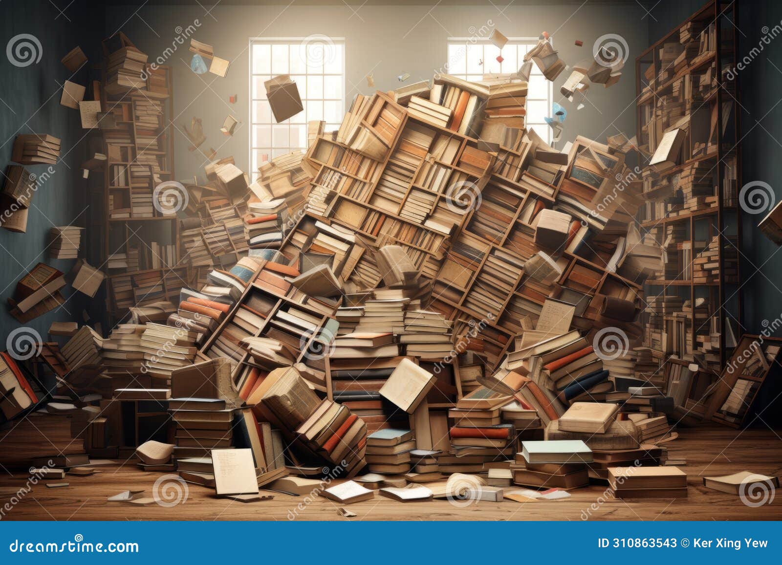 An Artistic Rendering of a Deconstructed Bookshelf, Books Scattered ...
