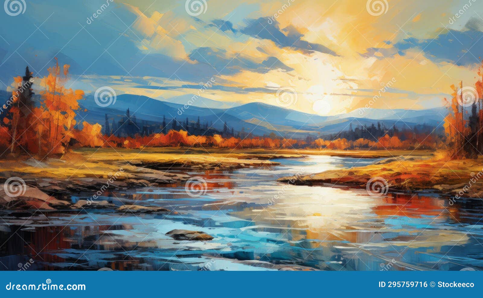 Autumn River Painting: Sky-blue and Amber Landscape in the Mountains ...