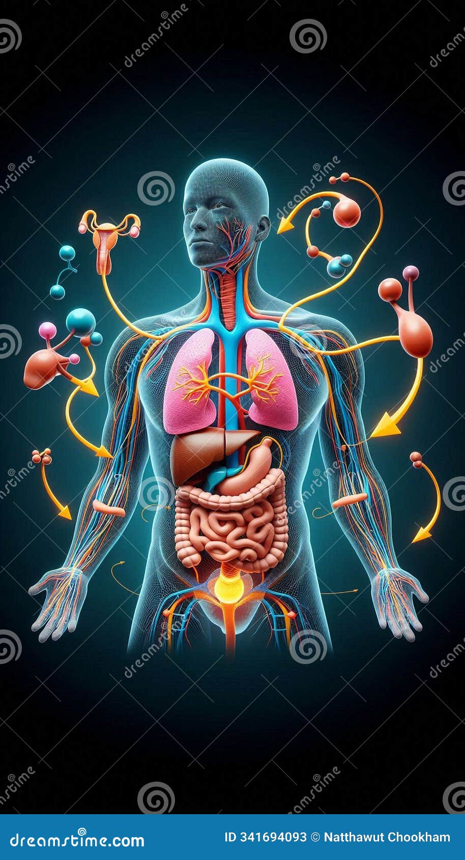 Human Body System with Organs and Circulatory Flow Stock Illustration ...