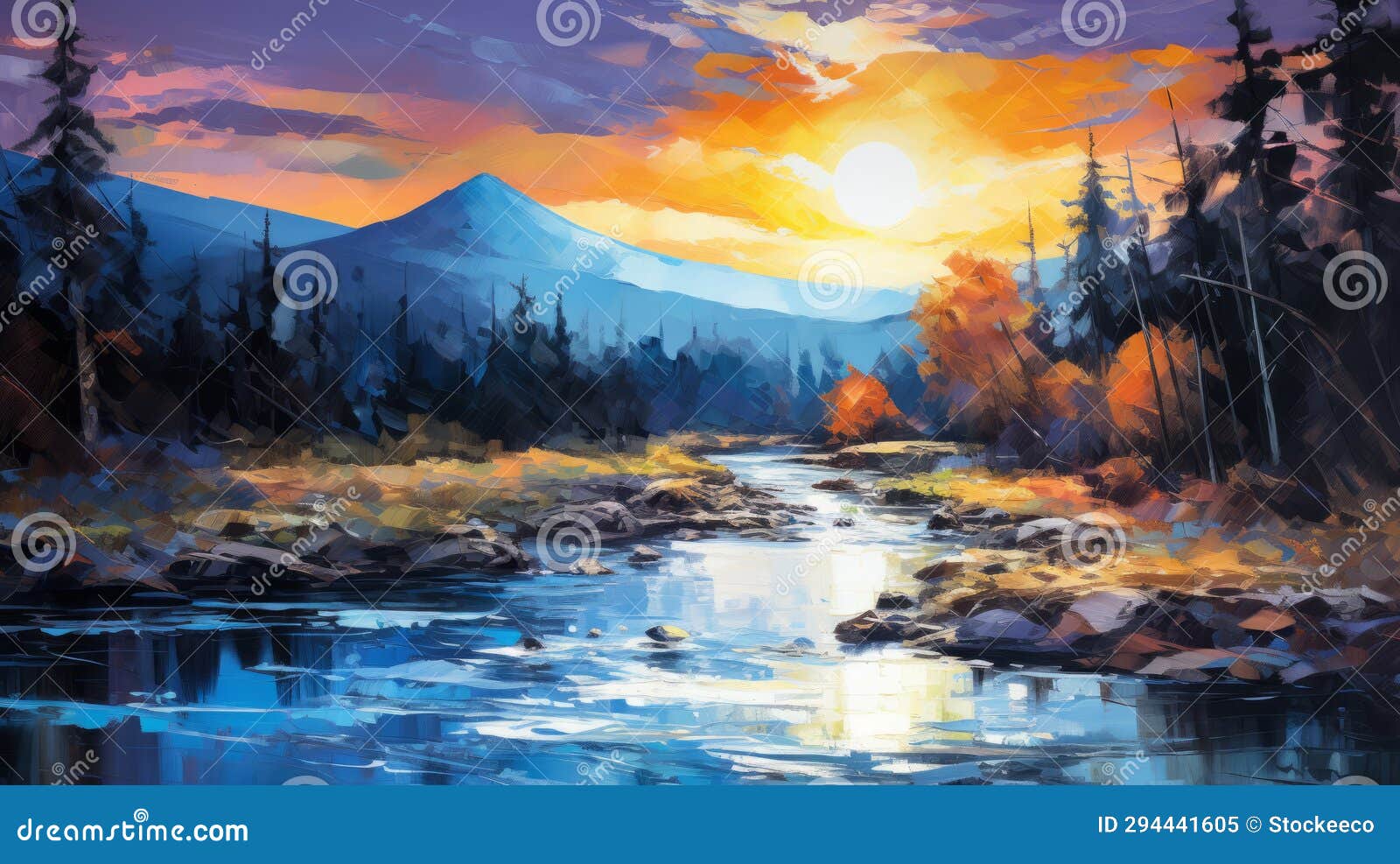Sunset Landscape Painting: River and Mountain in Naturalistic Style ...