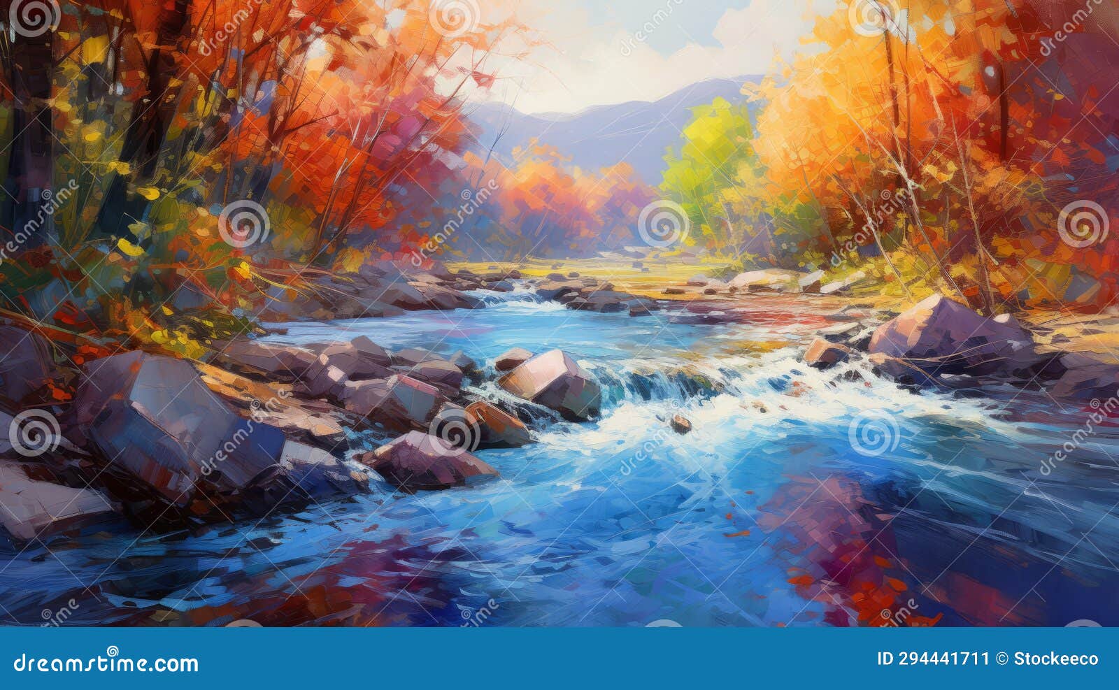 Colorful Autumn River Painting by Nature Artist Stock Illustration ...