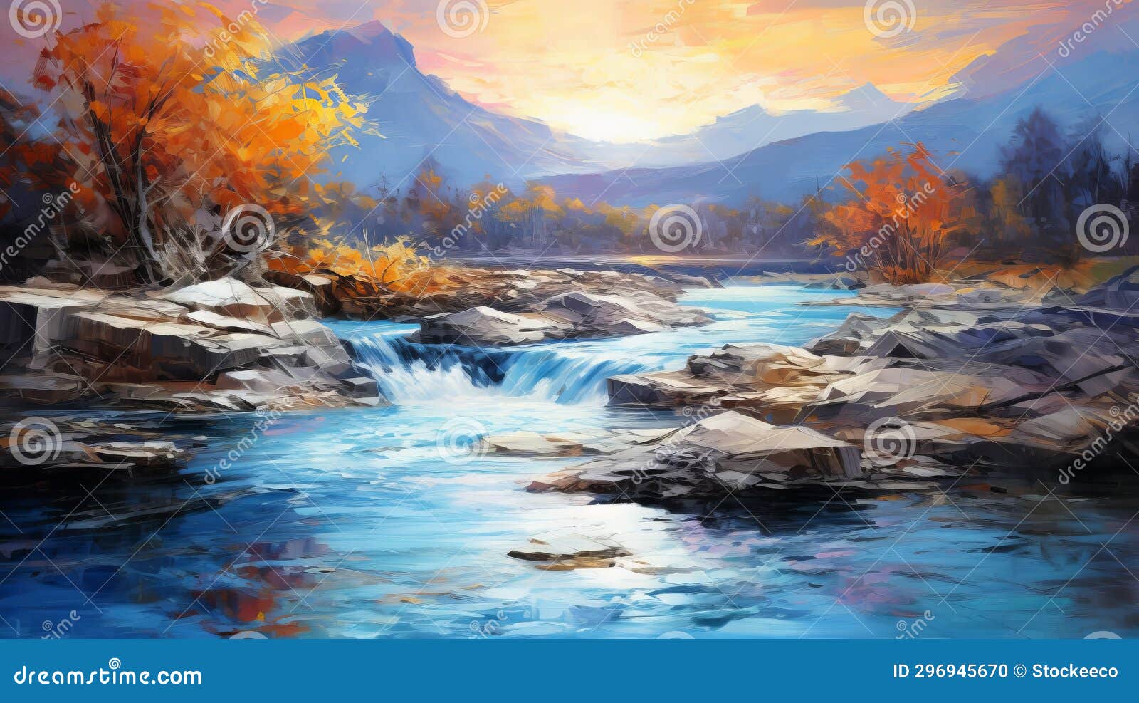 Autumn River Painting in Cyan and Blue: Multilayered Realism and Uhd ...