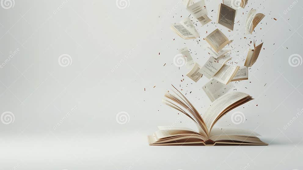 An Artistic Representation of an Open Book with Pages Flying in a ...