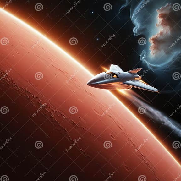 An Artistic Representation of a Rocket Flying High Above a Planet, Set ...