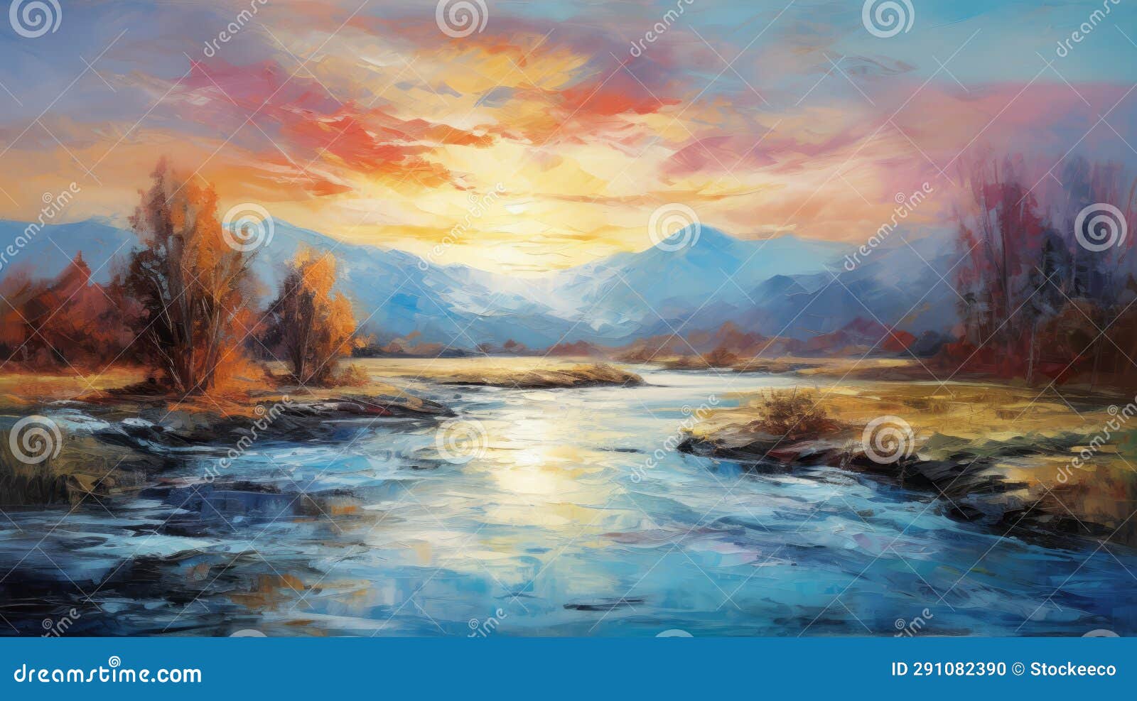 Saturated Palette: Serene Mountain River Sunset Painting Stock ...