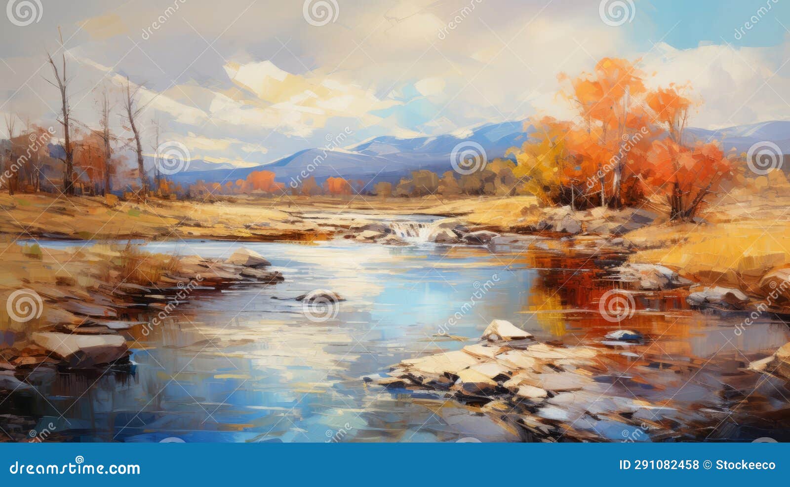 Autumn River Painting: Realistic Landscape with Mountains in Soft Edges ...
